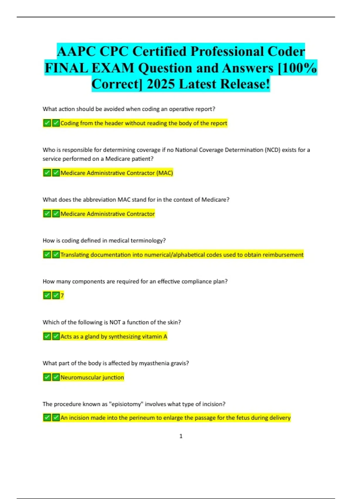 AAPC CPC Certified Professional Coder FINAL EXAM Question and Answers ...