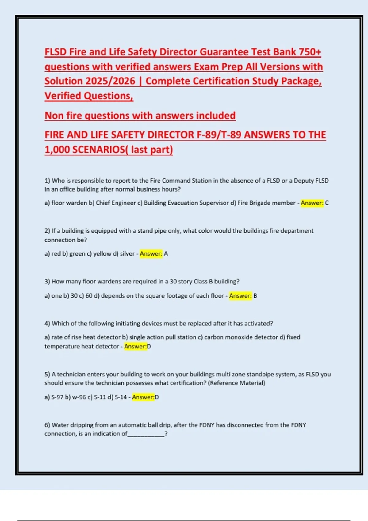 FLSD Fire and Life Safety Director Guarantee Test Bank 750+ questions ...