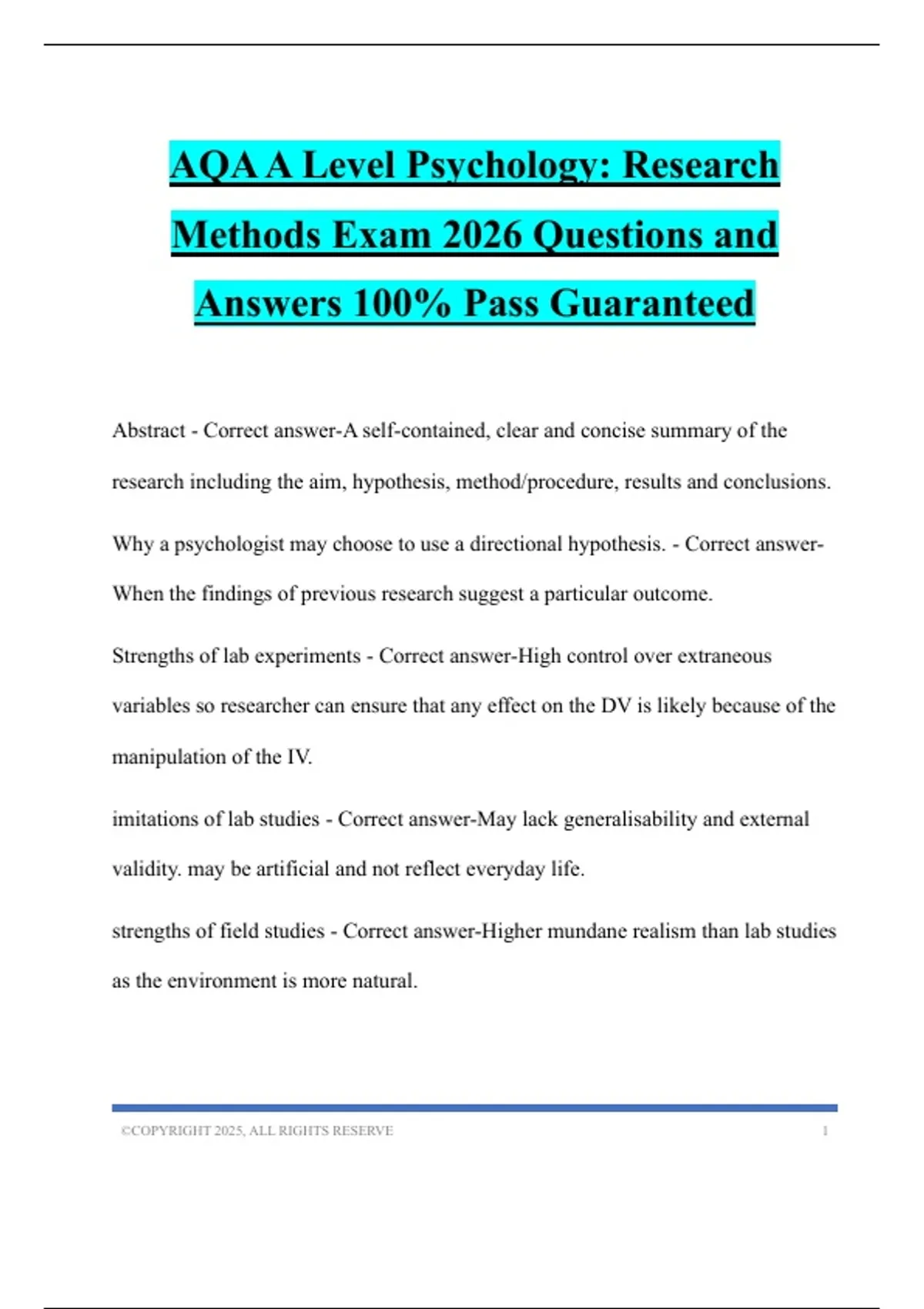 AQA A Level Psychology: Research Methods Exam 2026 Questions and ...