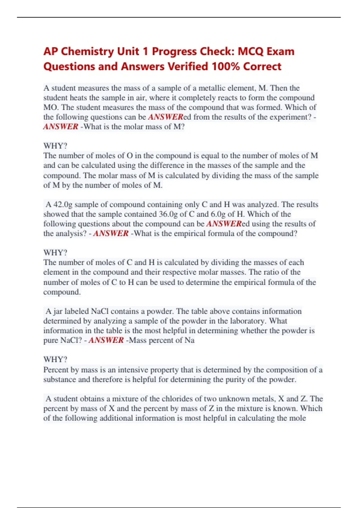 AP Chemistry Unit 1 Progress Check: MCQ Exam Questions and Answers ...