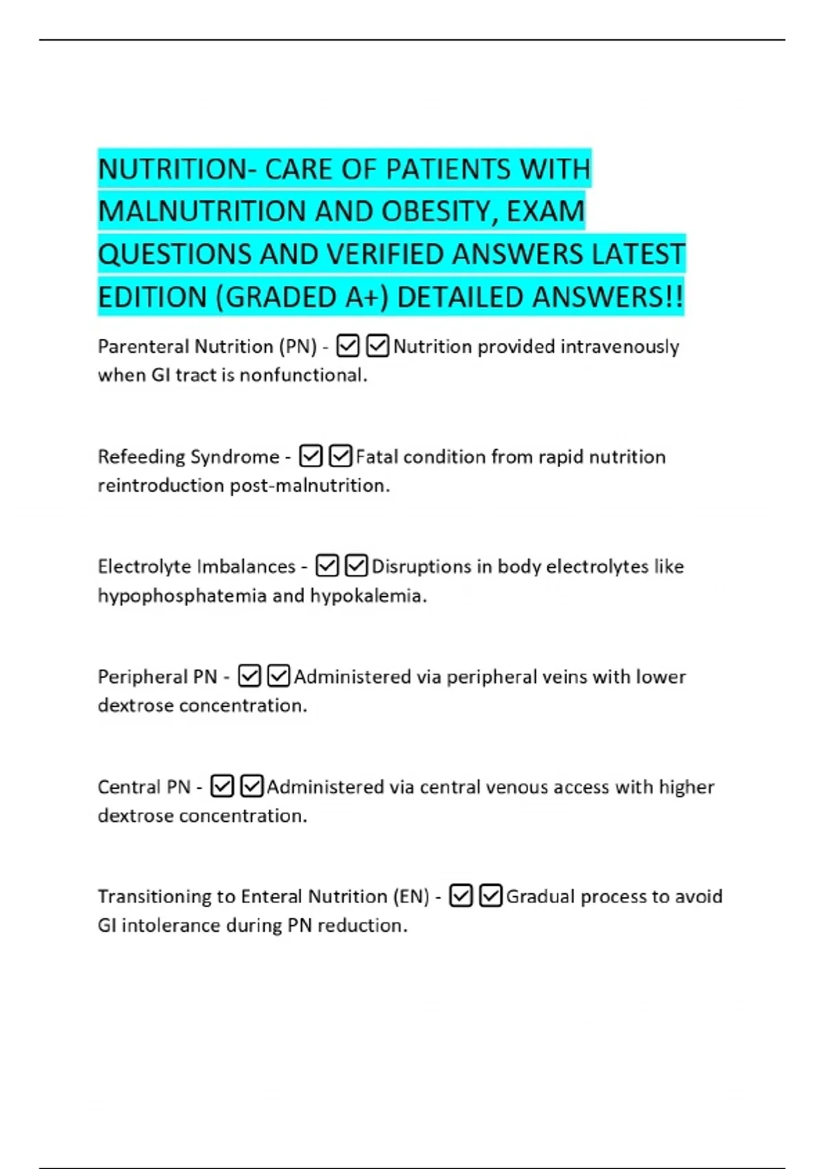 NUTRITION- CARE OF PATIENTS WITH MALNUTRITION AND OBESITY, EXAM ...