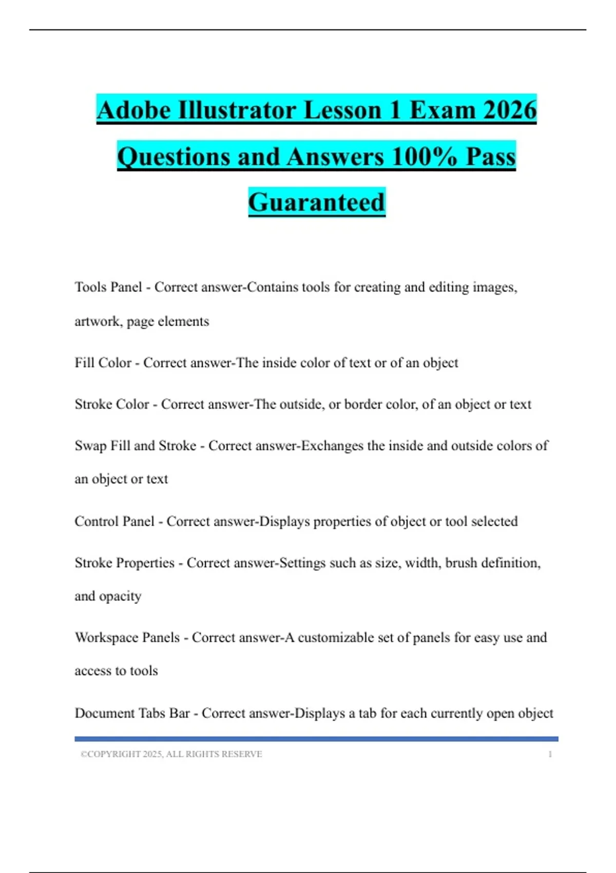 Adobe Illustrator Lesson 1 Exam 2026 Questions and Answers 100% Pass ...