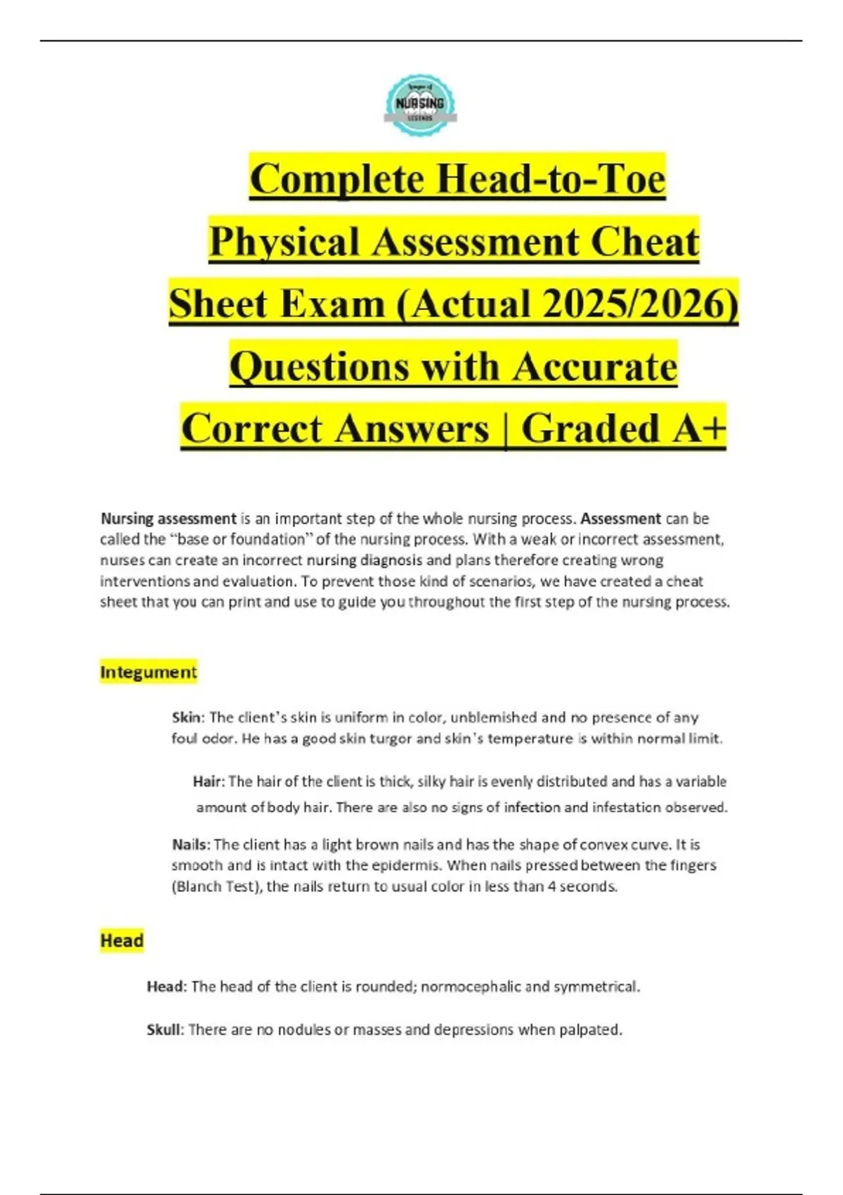 Complete Head-to-Toe Physical Assessment Cheat Sheet Exam (Actual 2025/ ...