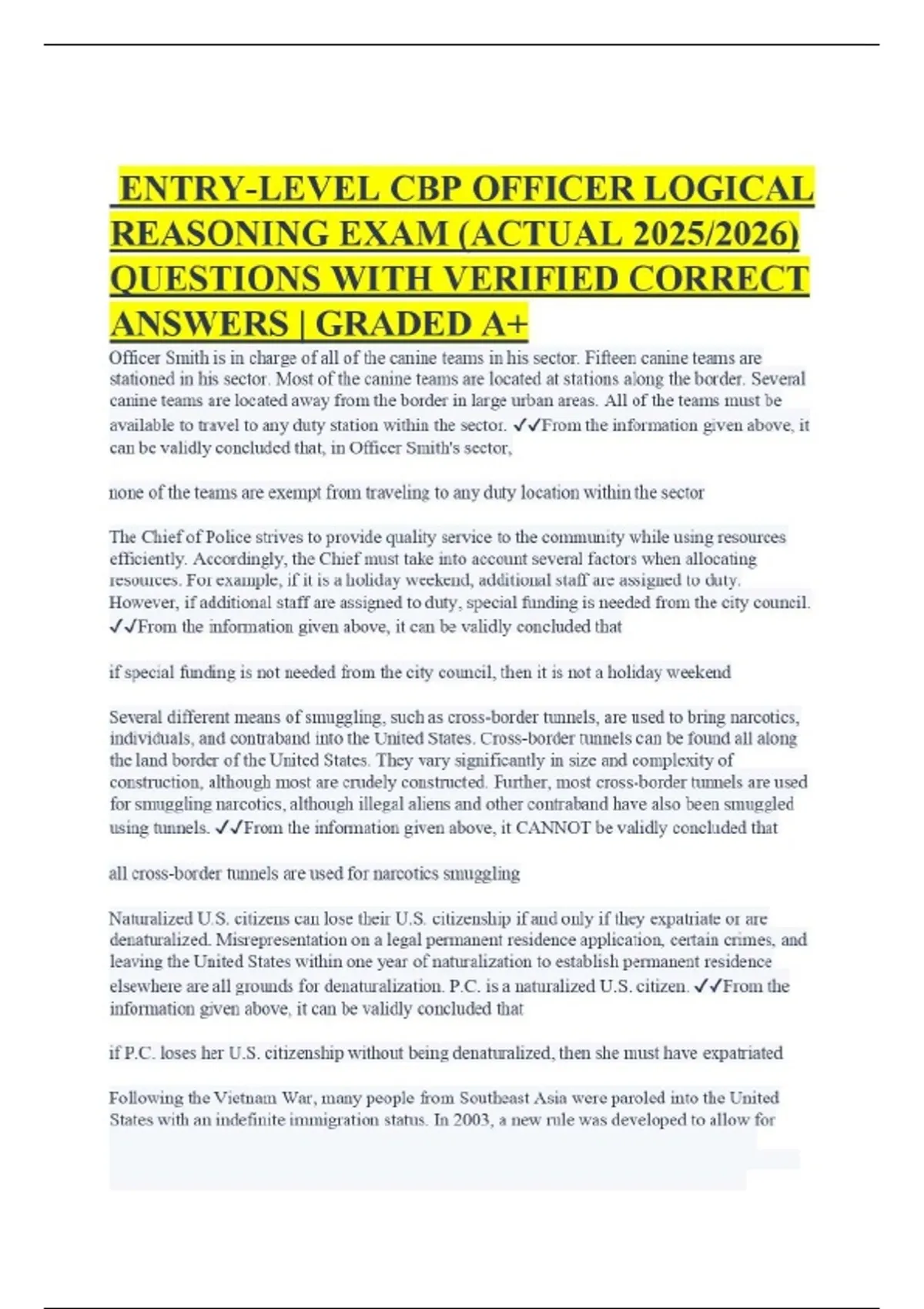 ENTRY-LEVEL CBP OFFICER LOGICAL REASONING EXAM (ACTUAL 2025/2026 ...