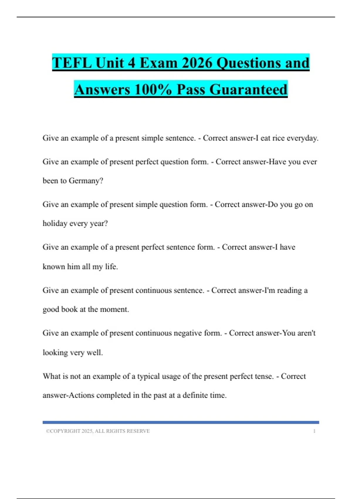 TEFL Unit 4 Exam 2026 Questions and Answers 100% Pass Guaranteed - TEFL ...