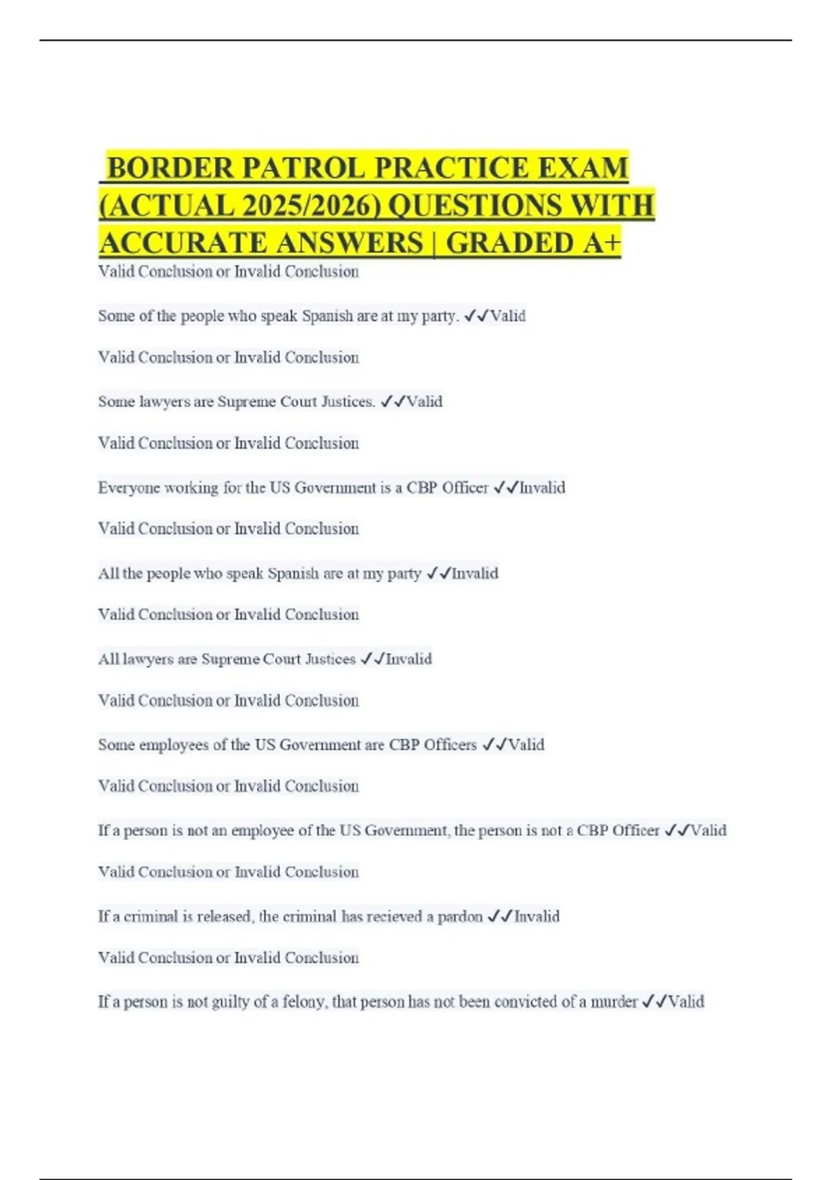 BORDER PATROL PRACTICE EXAM (ACTUAL 2025/2026) QUESTIONS WITH ACCURATE ...