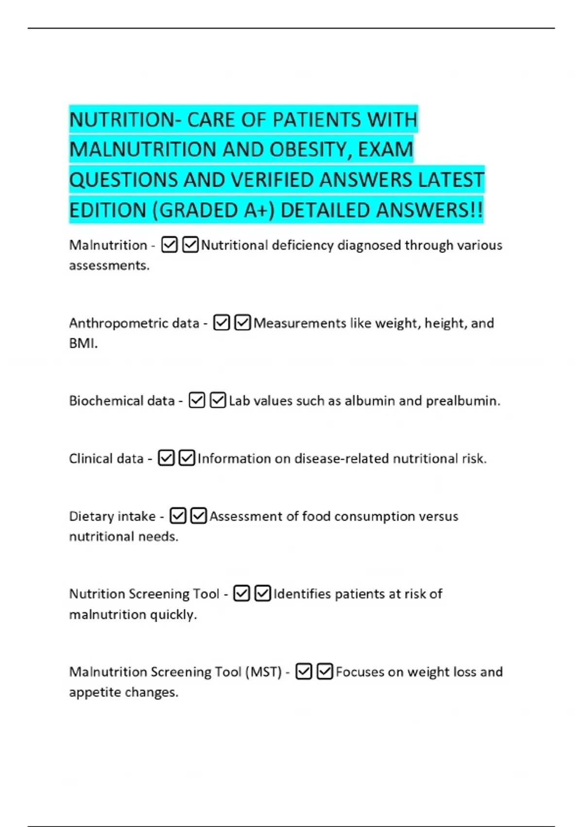 NUTRITION- CARE OF PATIENTS WITH MALNUTRITION AND OBESITY, EXAM ...