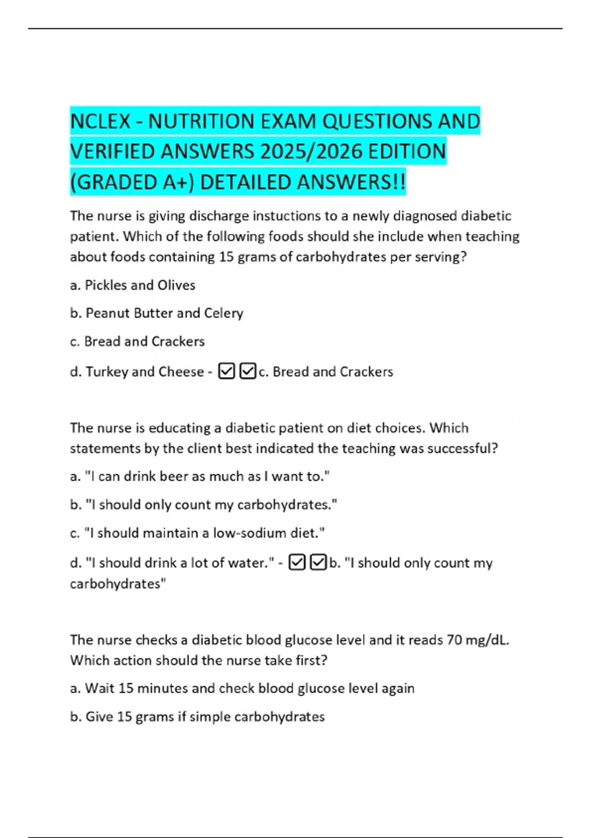 NCLEX - NUTRITION EXAM QUESTIONS AND VERIFIED ANSWERS 2025/2026 EDITION ...