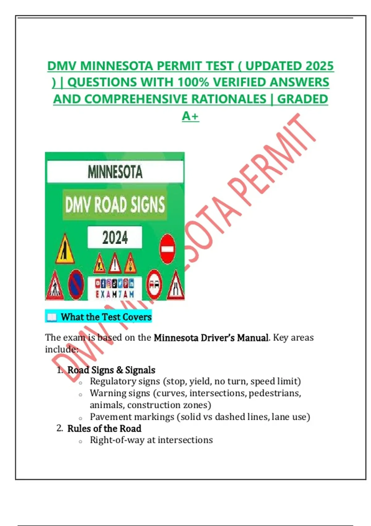 DMV MINNESOTA PERMIT TEST ( UPDATED 2025 ) | QUESTIONS WITH 100% ...