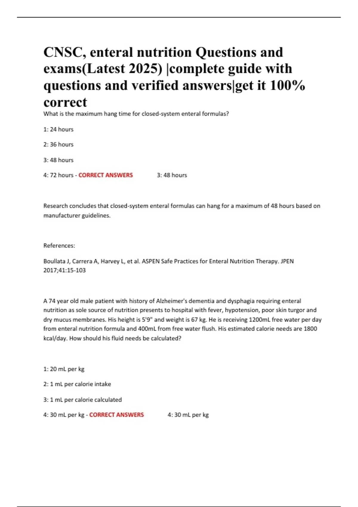 Summary CNSC, enteral nutrition Questions and exams(Latest 2025 ...