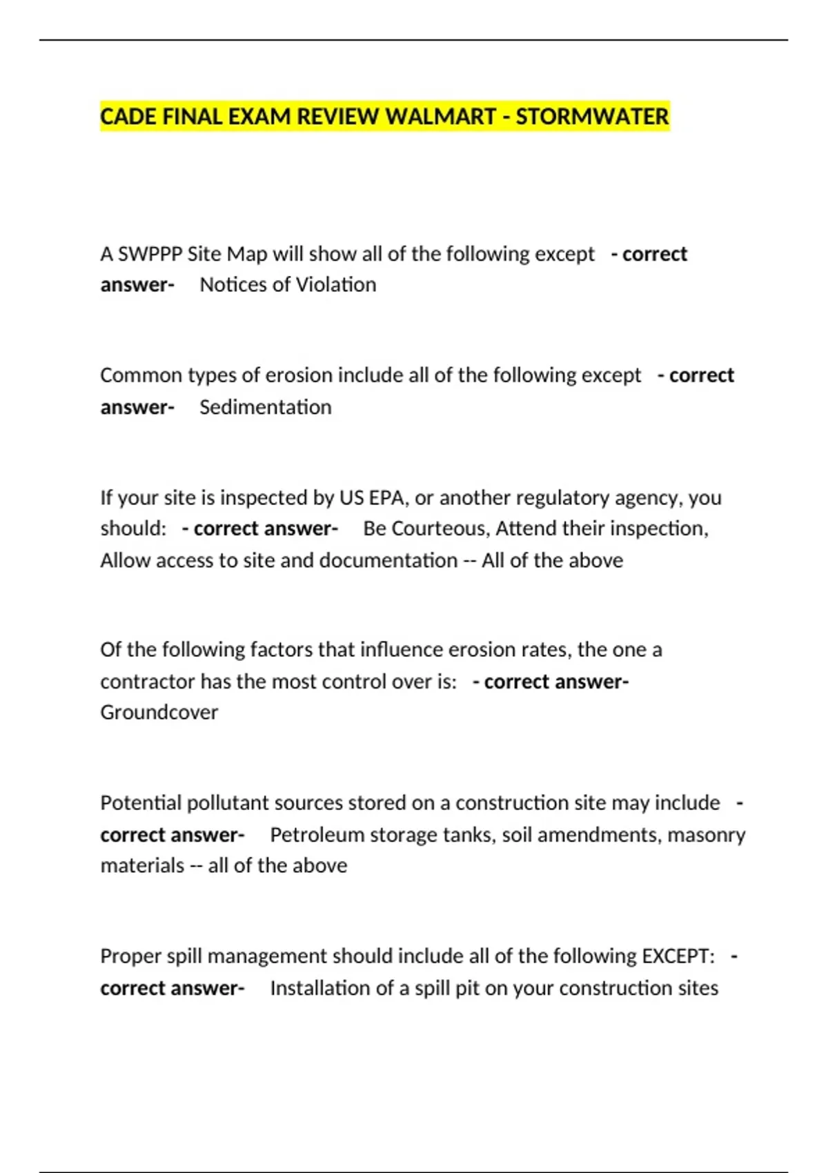 CADE Final Exam Review – Walmart Stormwater Management (Practice ...