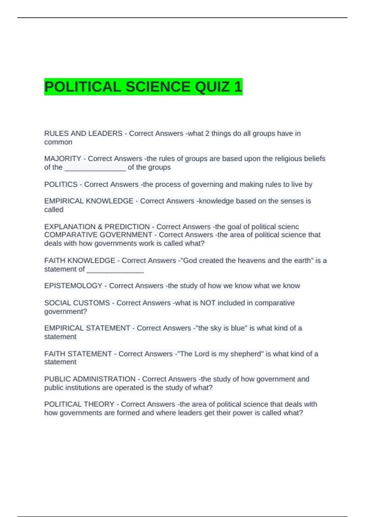 POLITICAL SCIENCE QUIZ 1 QUESTIONS AND ANSWERS - POLITICAL SCIENCE ...