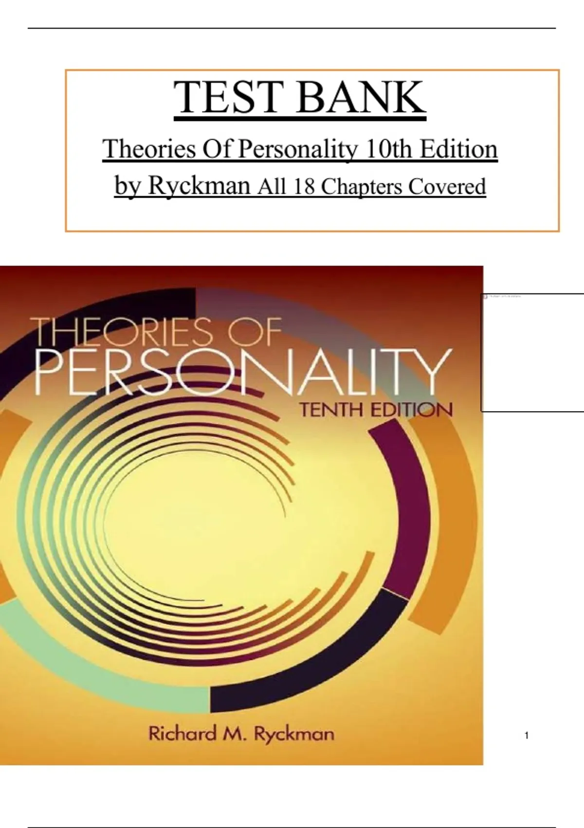 TEST BANK for Theories of Personality, 10th Edition, Richard M. Ryckman ...