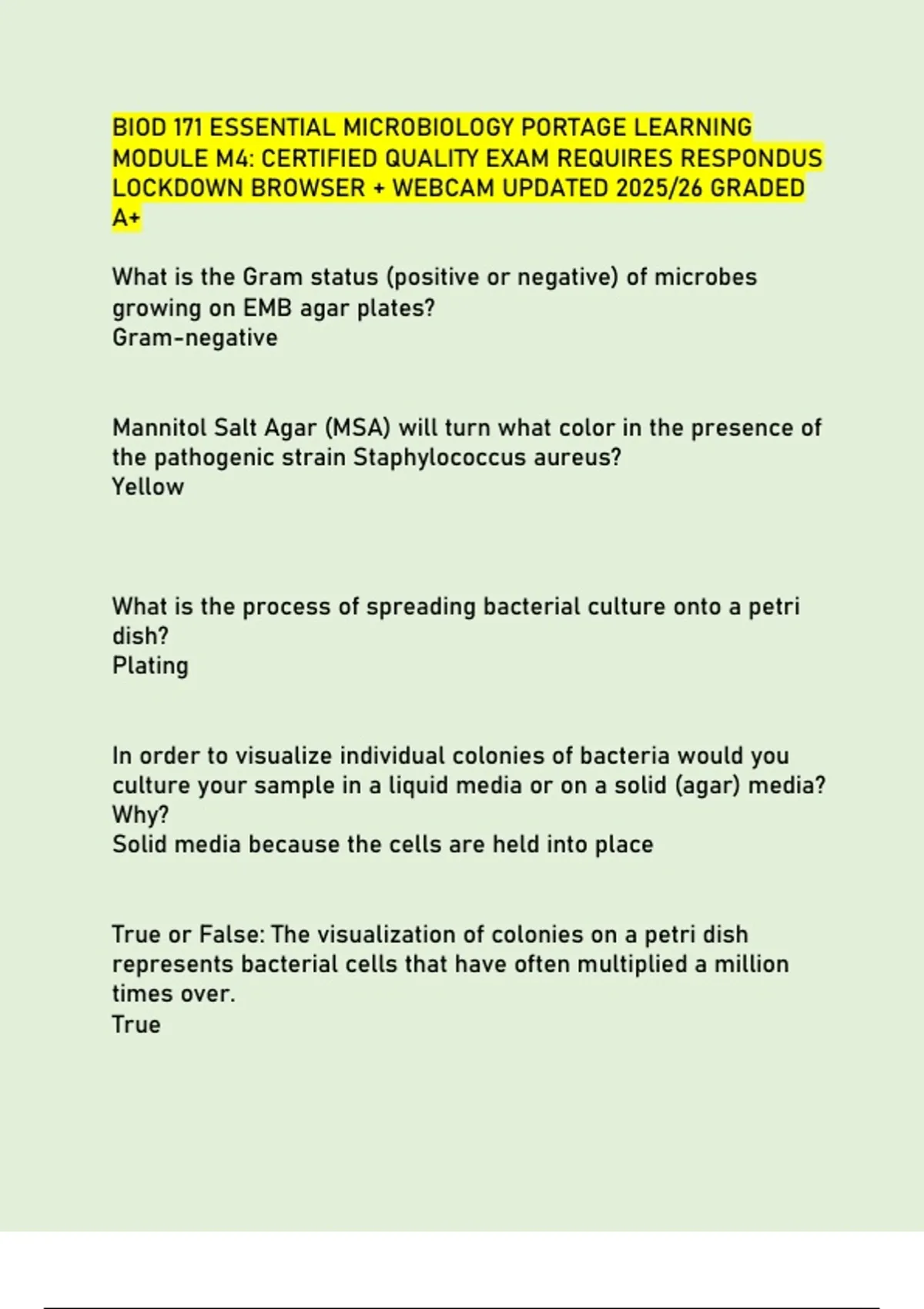 BIOD 171 ESSENTIAL MICROBIOLOGY PORTAGE LEARNING MODULE M4: CERTIFIED ...