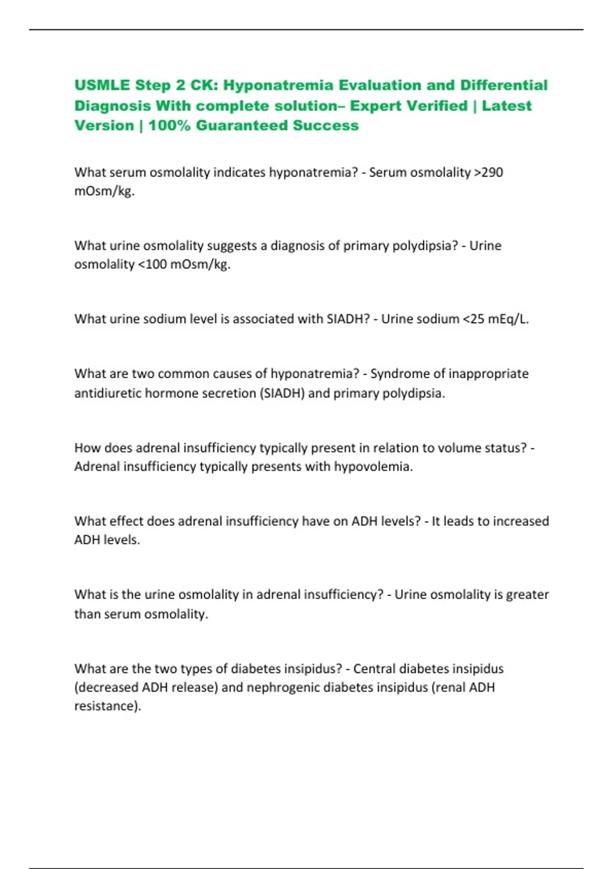 USMLE Step 2 CK: Hyponatremia Evaluation and Differential Diagnosis ...