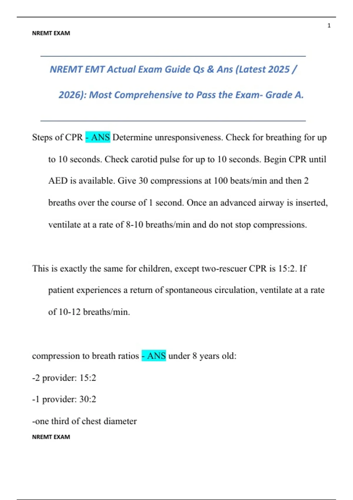 NREMT EMT Actual Exam Guide – Questions & Answers (Latest 2025/2026 ...