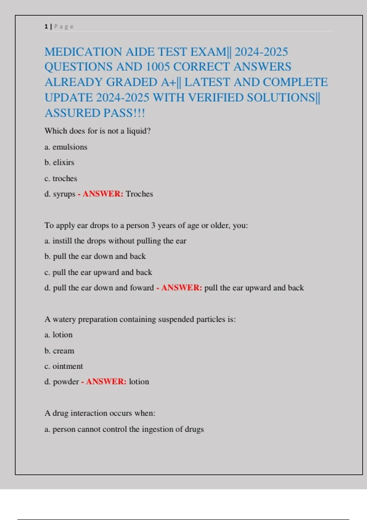 Medication Aide Exam 2024–2025 | 1005 Practice Questions with Verified ...