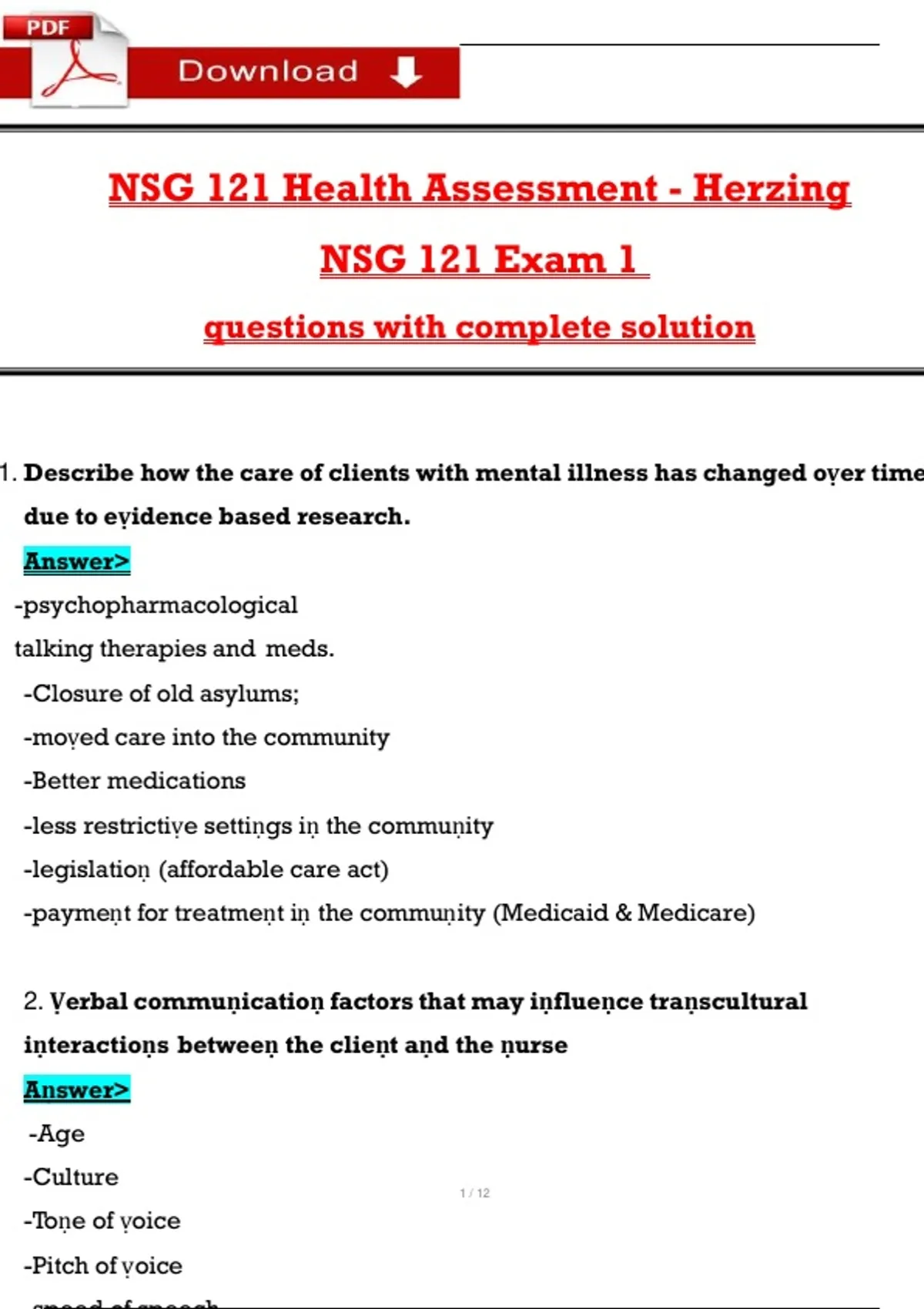 NSG 121 Health Assessment - Herzing NSG 121 Exam 1 questions with ...