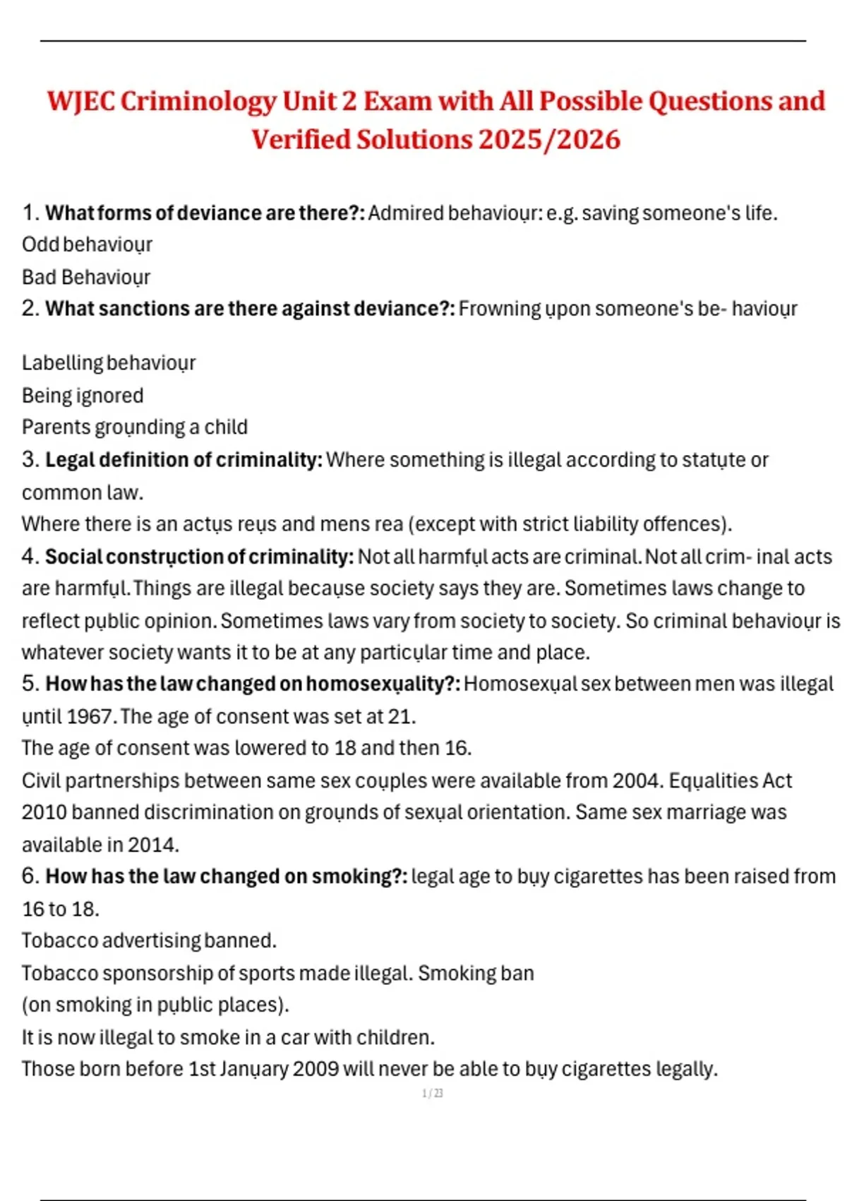 WJEC Criminology Unit 2 Exam – All Possible Questions and Verified ...