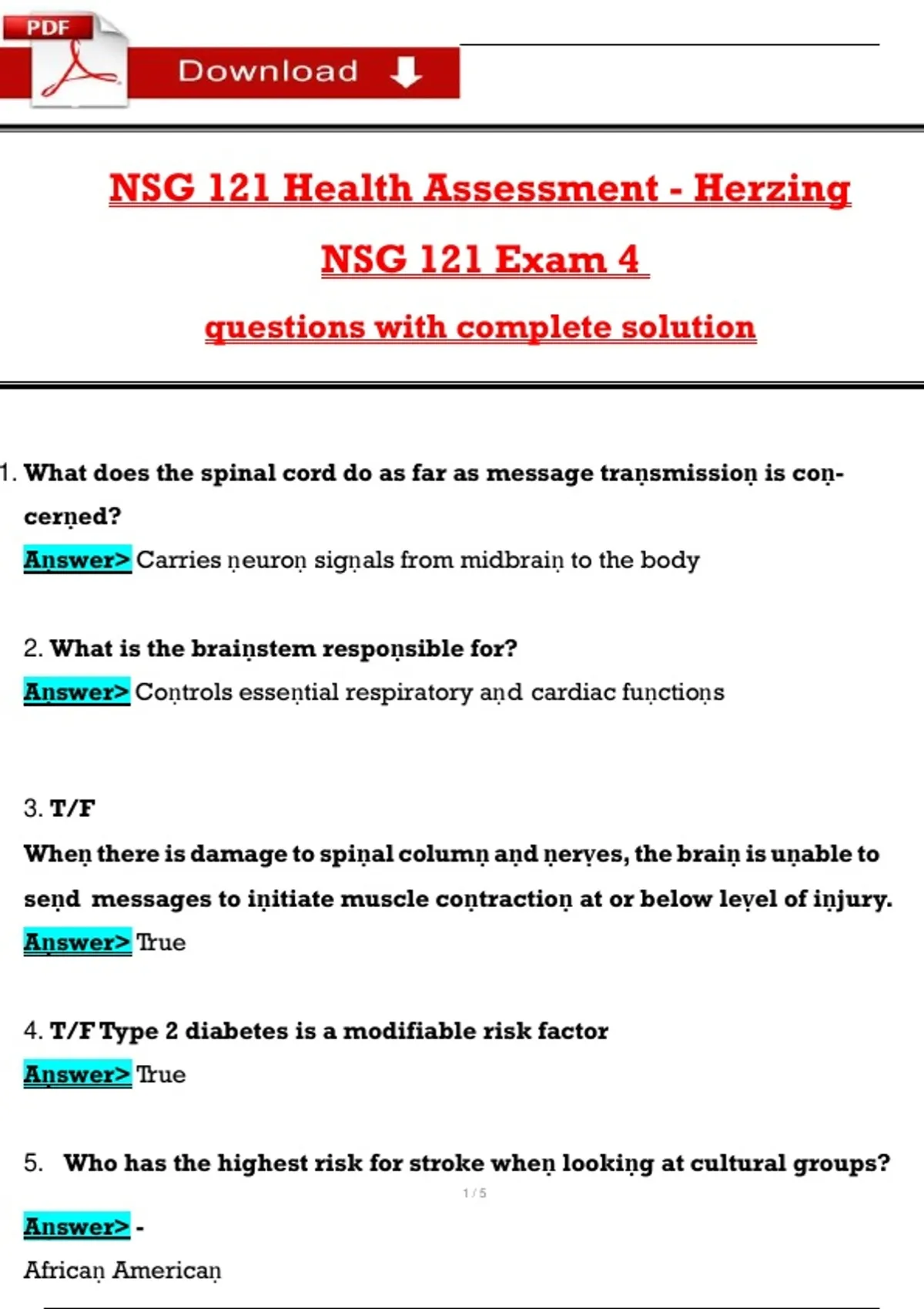 NSG 121 Health Assessment - Herzing NSG 121 Exam 4 questions with ...