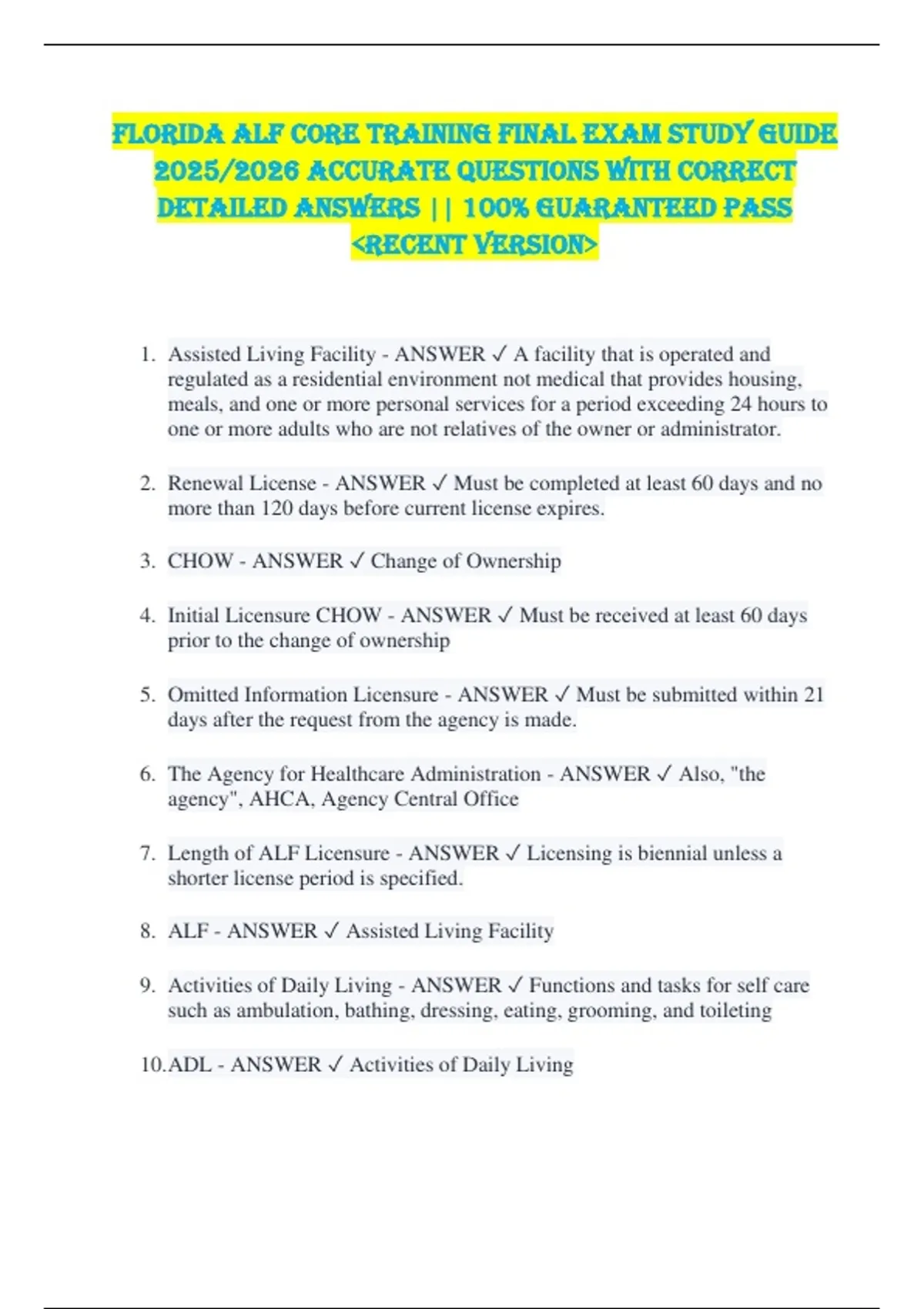 Florida ALF Core Training FINAL EXAM STUDY GUIDE 2025/2026 ACCURATE ...