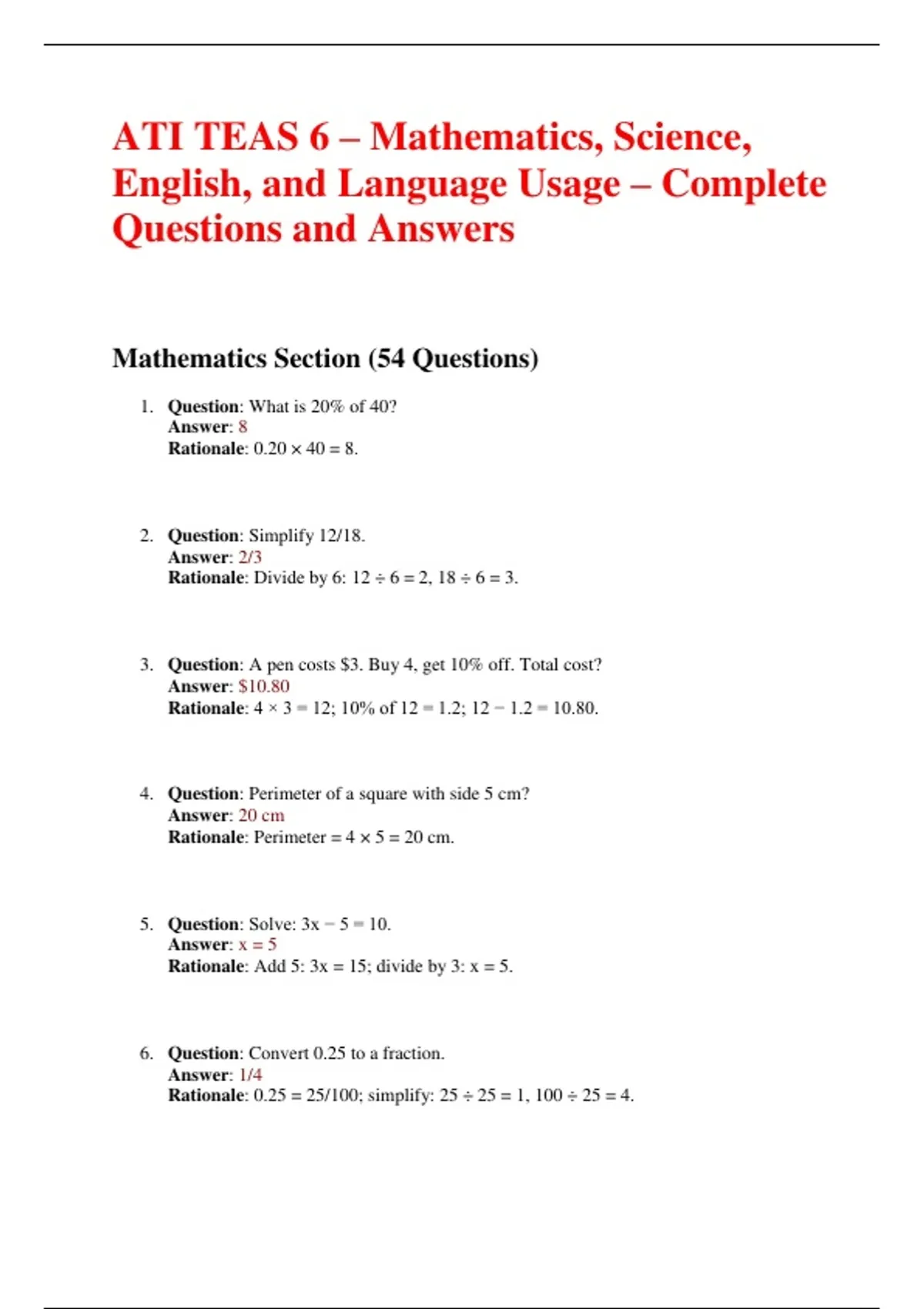 ATI TEAS 6 – Mathematics, Science, English, and Language Usage ...