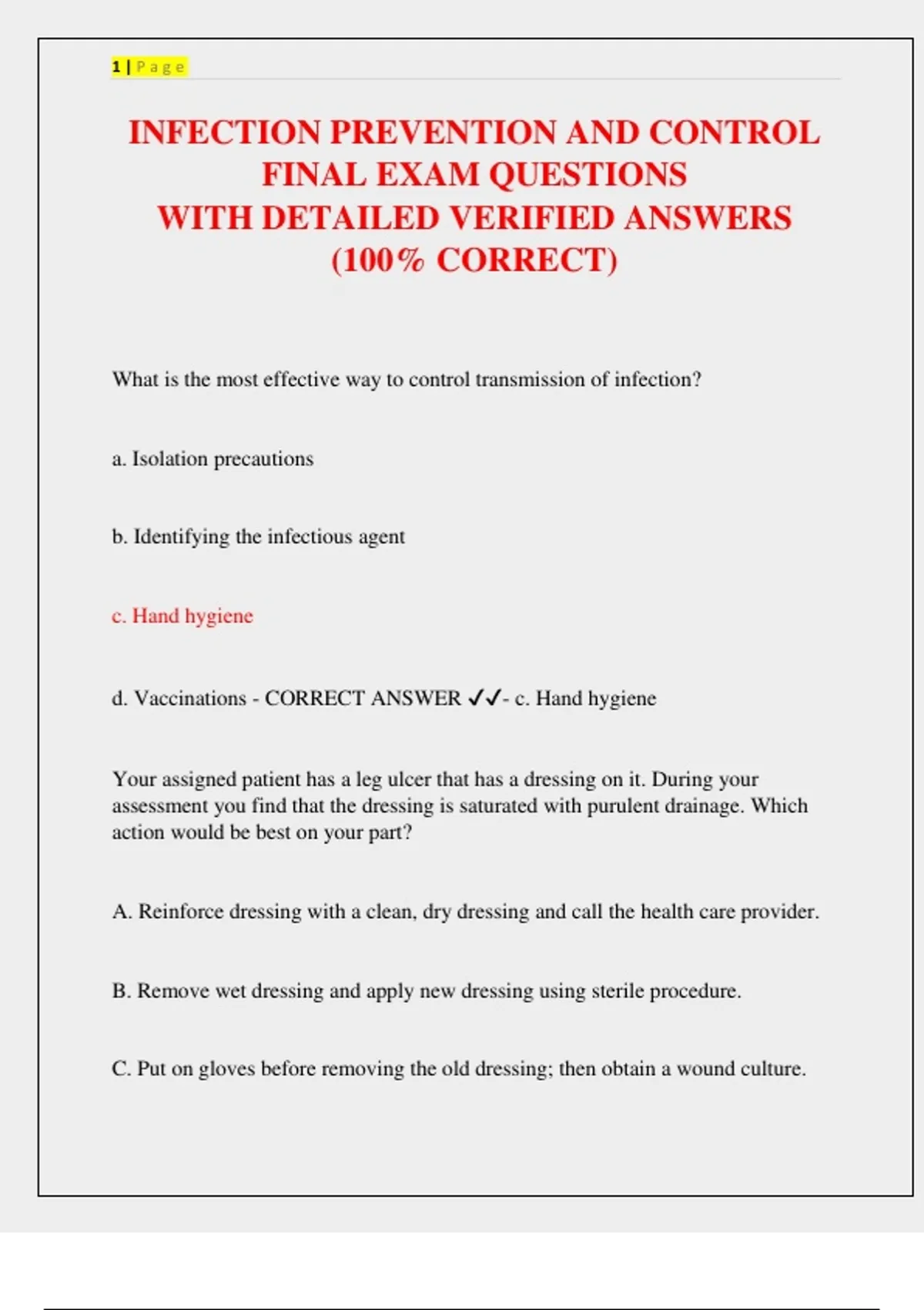 INFECTION PREVENTION AND CONTROL FINAL EXAM QUESTIONS WITH DETAILED ...