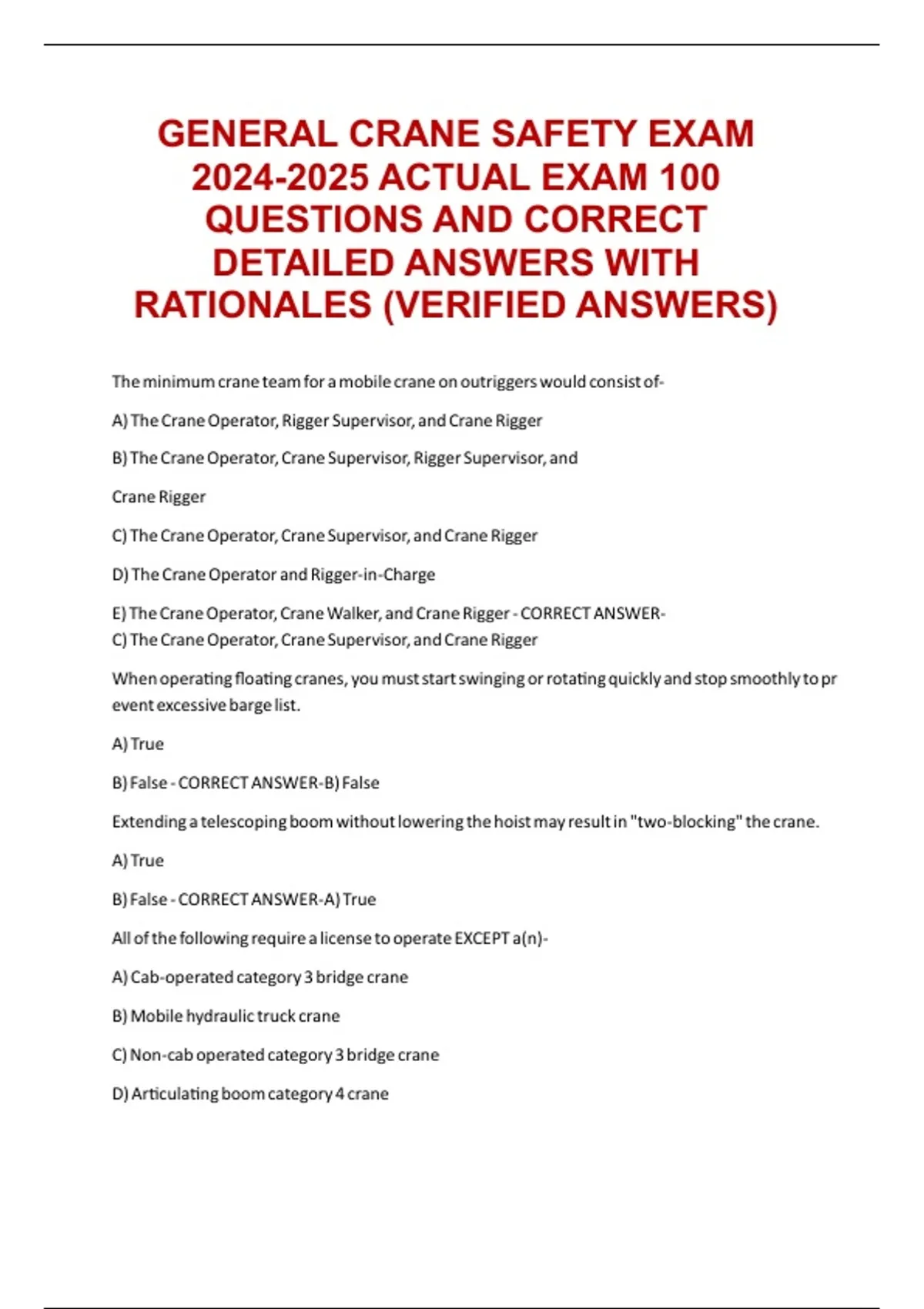 GENERAL CRANE SAFETY EXAM ACTUAL EXAM 100 QUESTIONS AND CORRECT ...