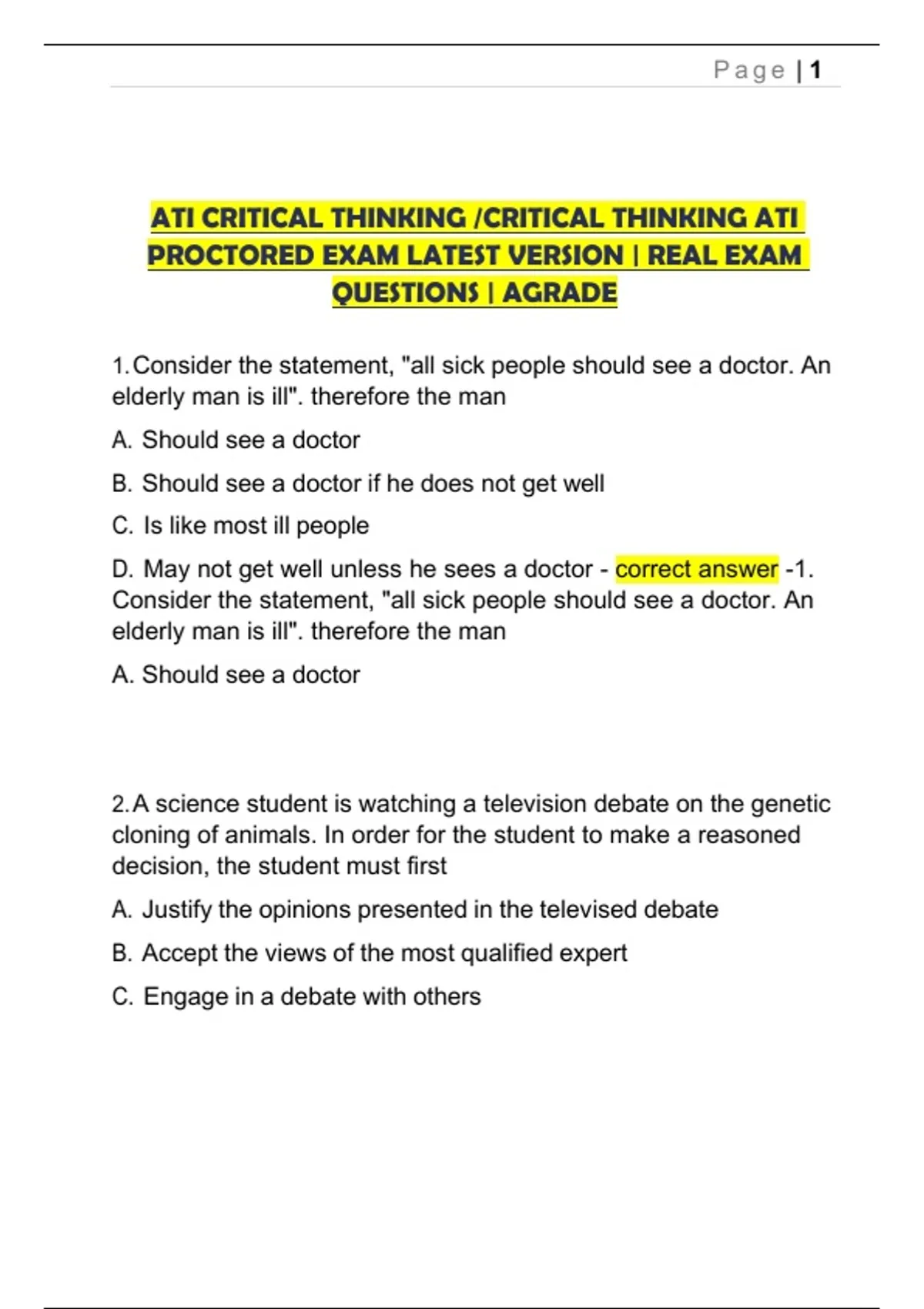 ATI CRITICAL THINKING /CRITICAL THINKING ATI PROCTORED EXAM LATEST ...