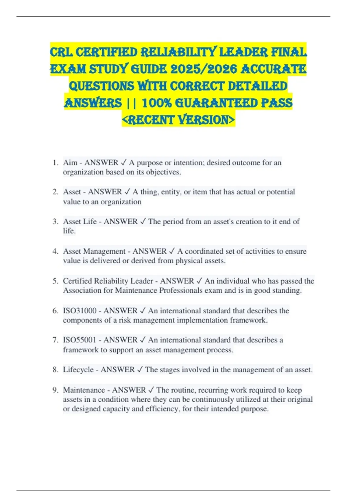 CRL Certified Reliability Leader FINAL EXAM STUDY GUIDE 2025/2026 ...