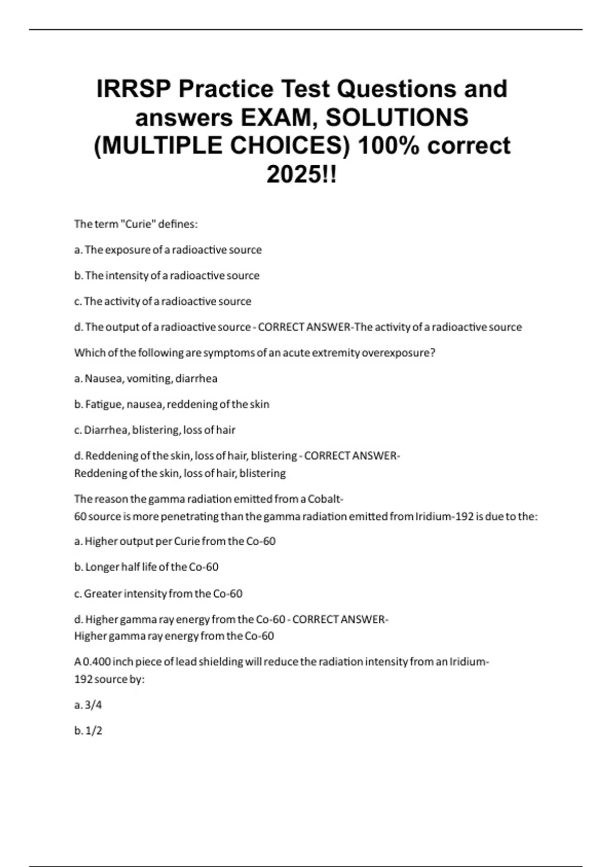 IRRSP Practice Test Questions and answers EXAM - Nursing - Stuvia US