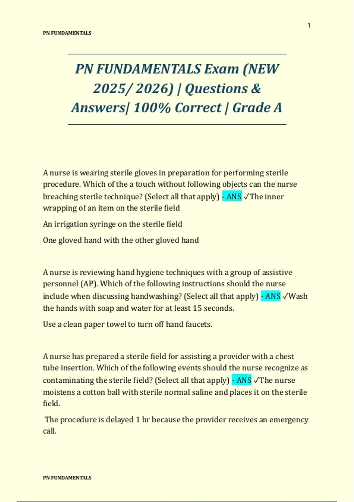 PN FUNDAMENTALS Exam (NEW 2025/ 2026) | Questions & Answers| 100% ...