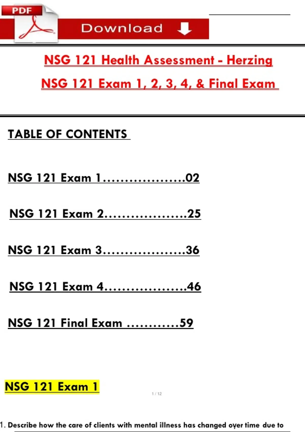 Package deal for NSG 121 Health Assessment - Herzing NSG 121 Exam 4 ...
