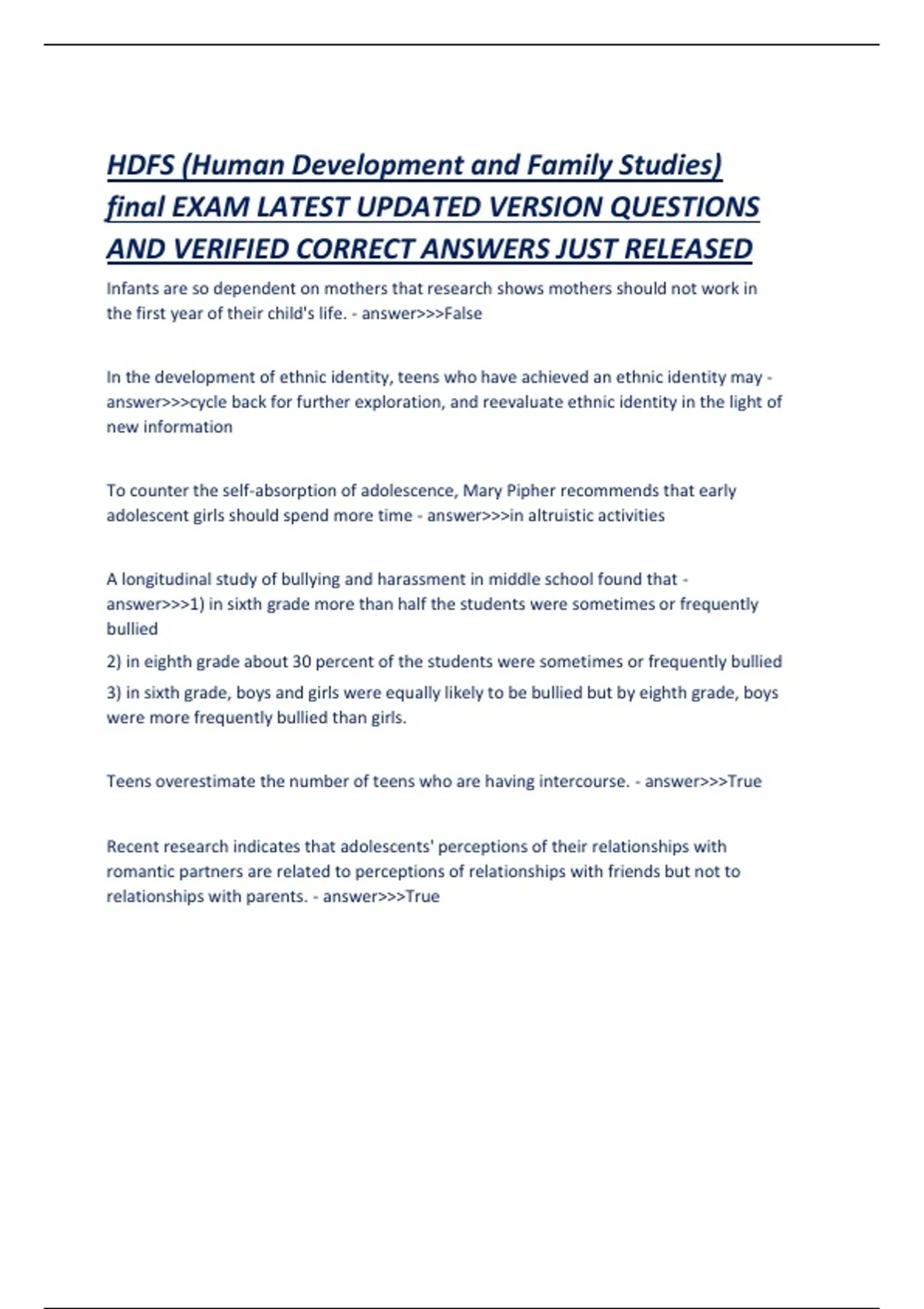 HDFS (Human Development and Family Studies) final EXAM LATEST UPDATED ...