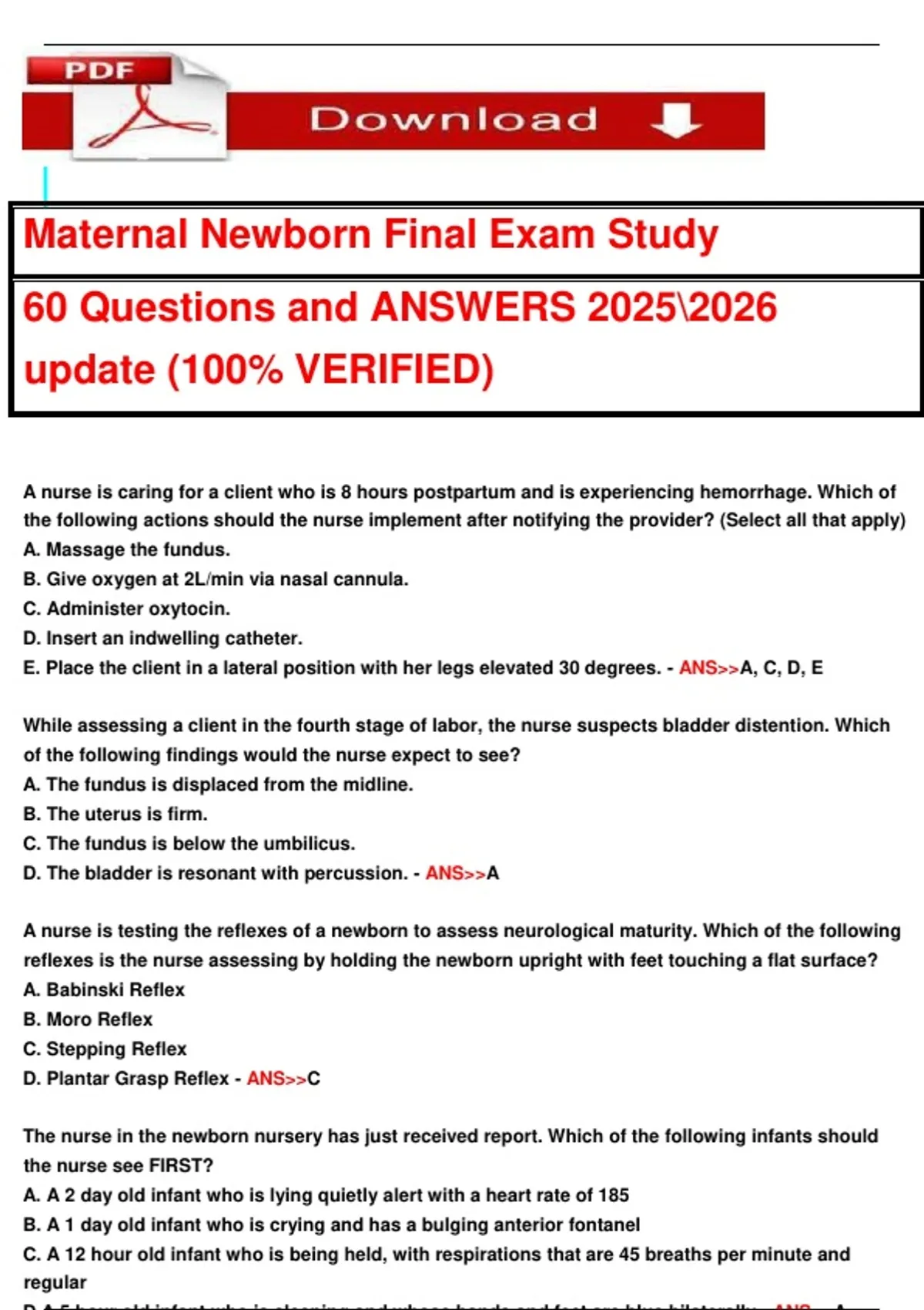 Maternal Newborn Final Exam Study 60 Questions and ANSWERS update (100% ...