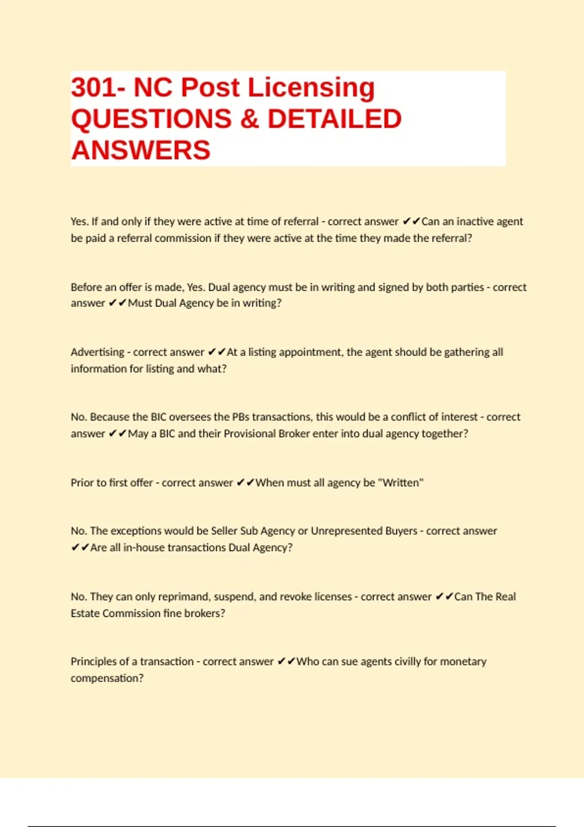 301- NC Post Licensing QUESTIONS & DETAILED ANSWERS - 301- NC Post Licensing - Stuvia US