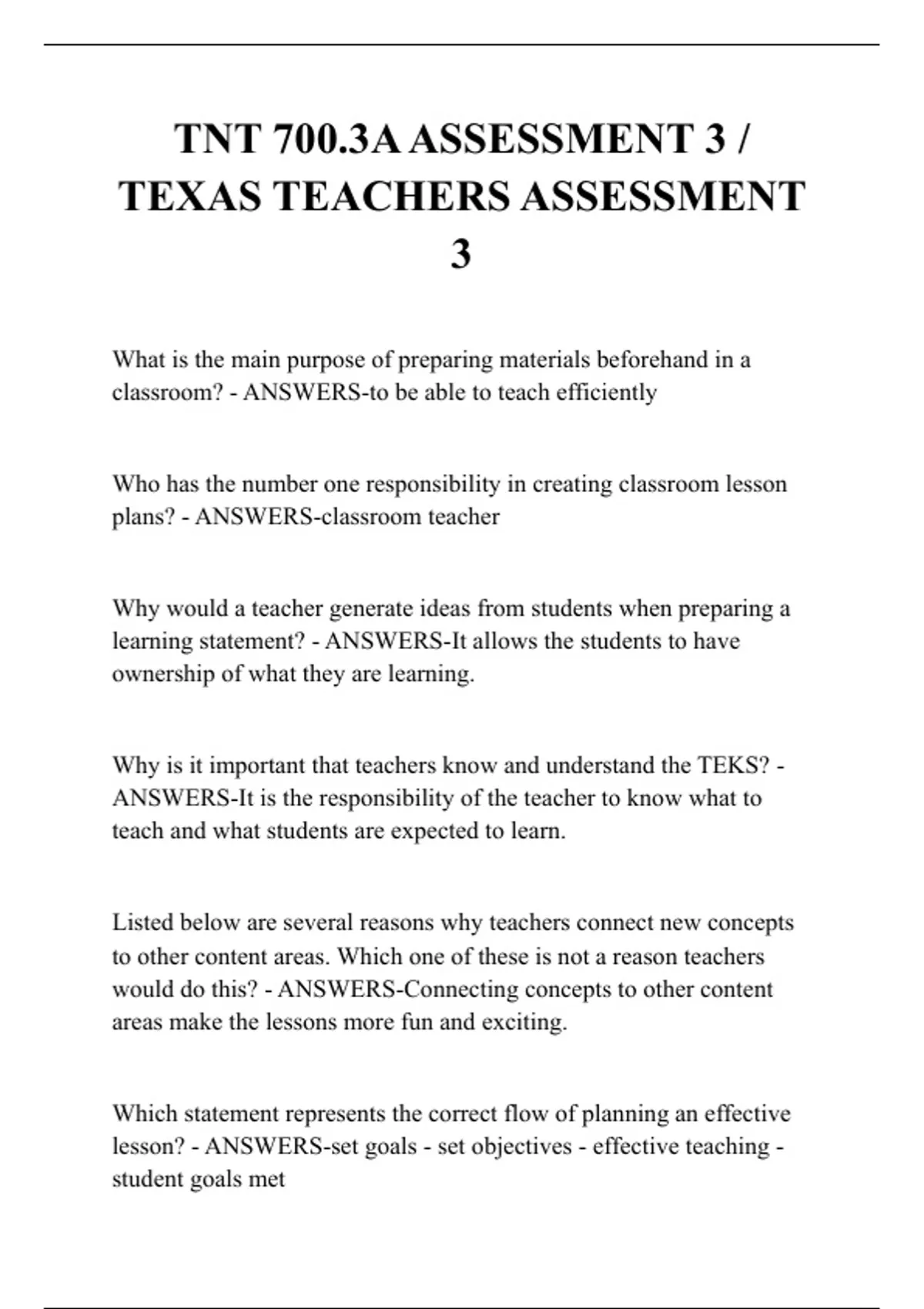 TNT 700.3A ASSESSMENT 3 / TEXAS TEACHERS ASSESSMENT 3 QUESTIONS AND ...