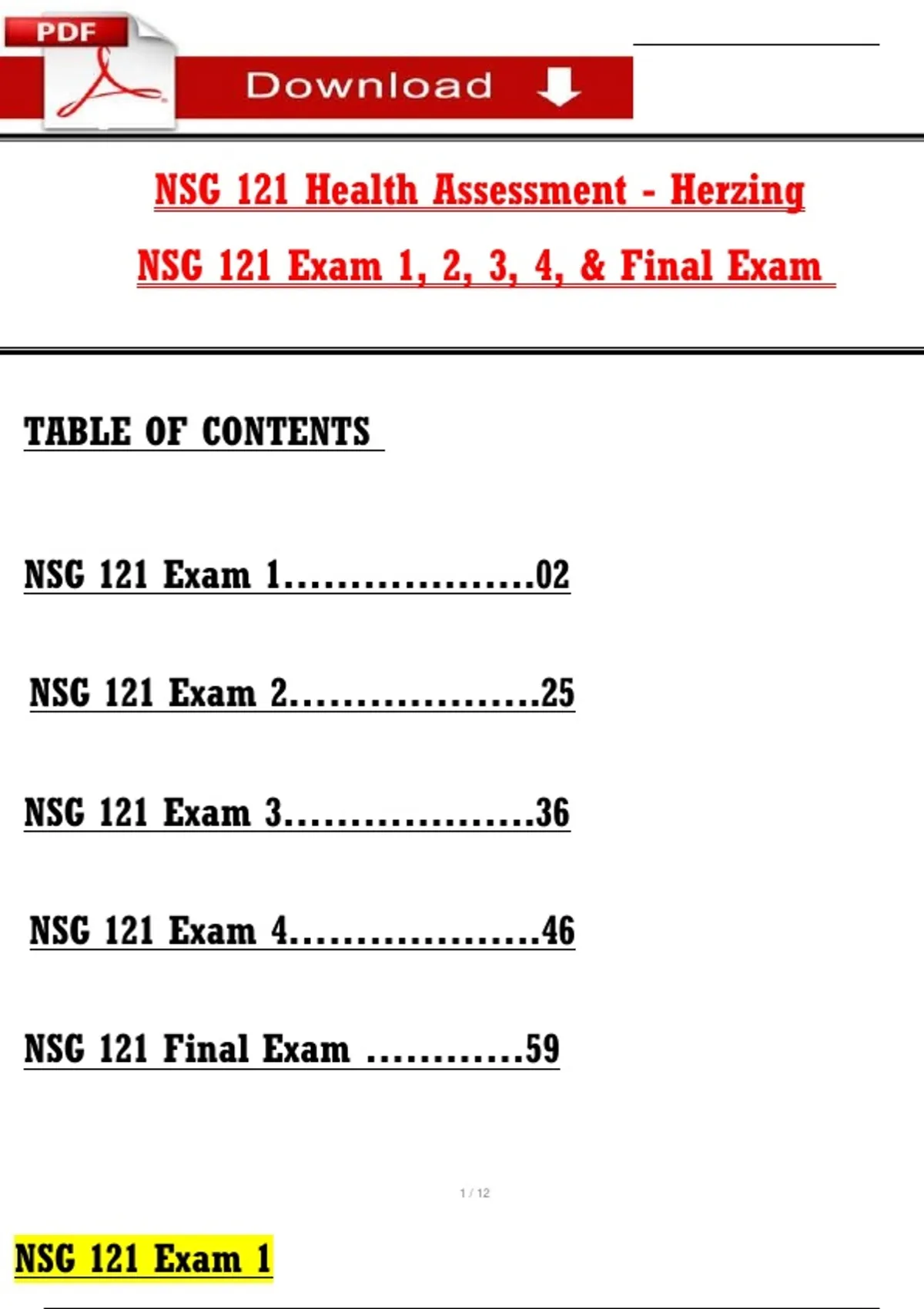 NSG 121 Health Assessment - Herzing NSG 121 Exam 1, 2, 3, 4, & Final ...
