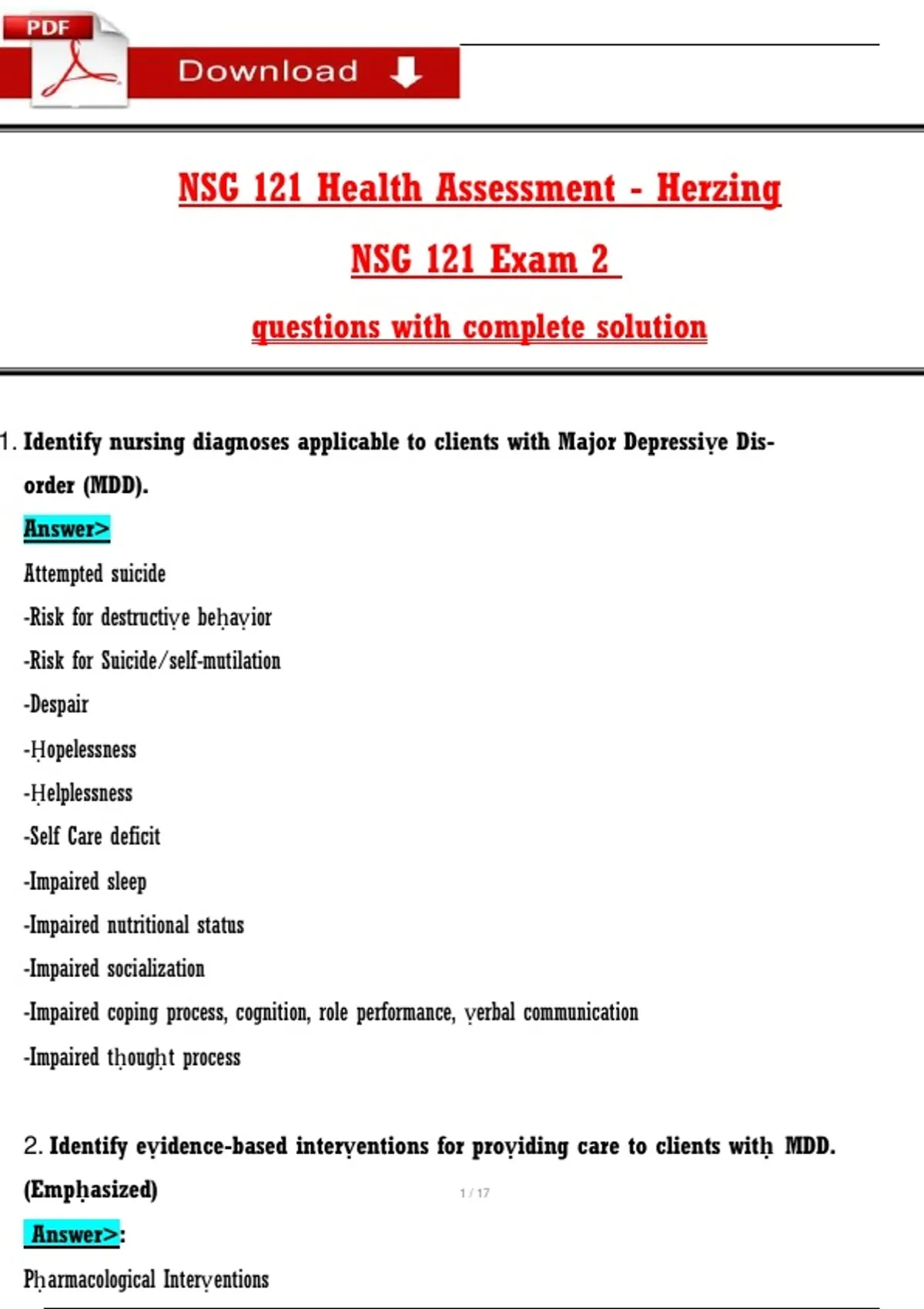 NSG 121 Health Assessment - Herzing NSG 121 Exam 2 questions with ...