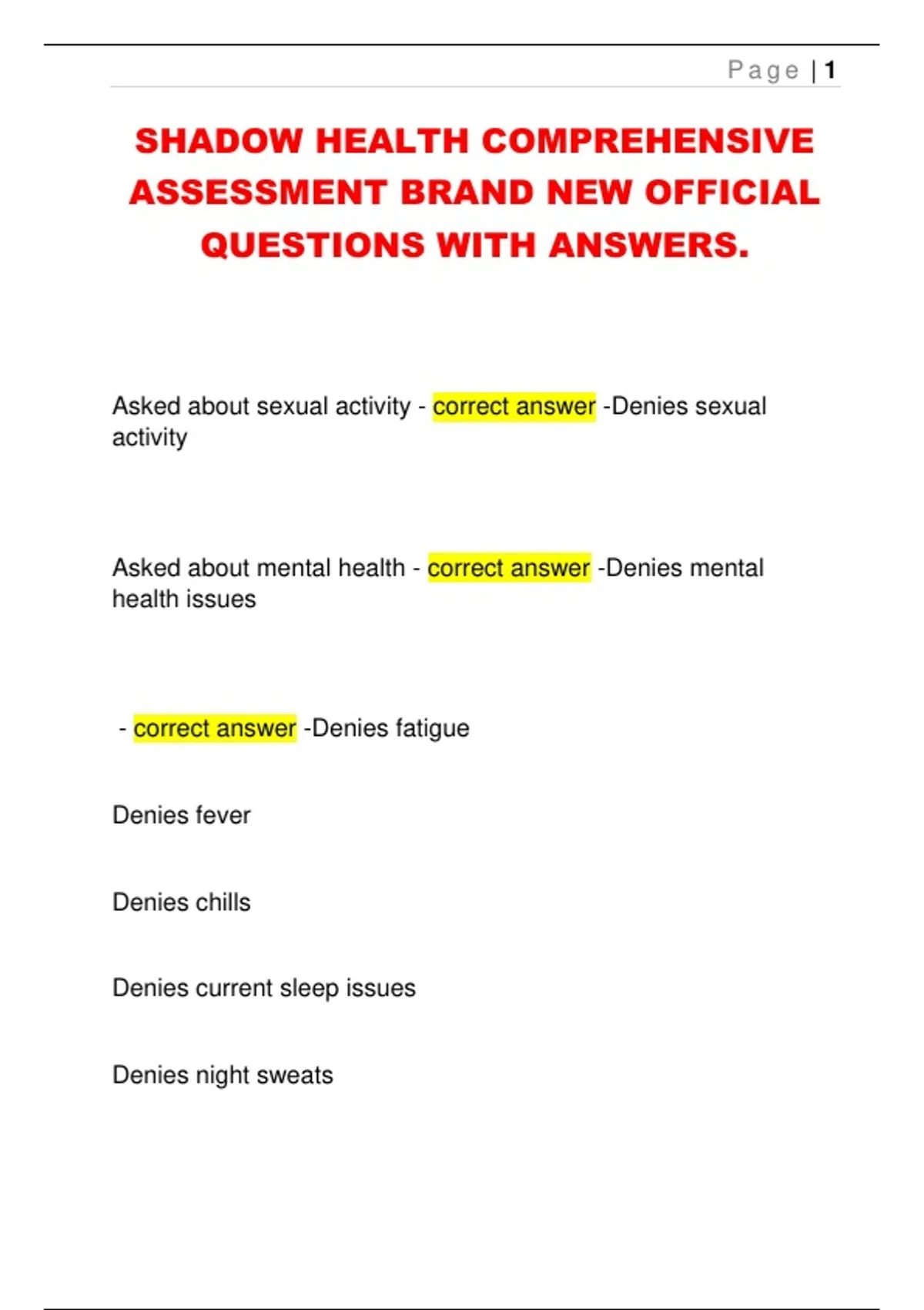 SHADOW HEALTH COMPREHENSIVE ASSESSMENT BRAND NEW OFFICIAL QUESTIONS WITH ANSWERS. - SHADOW ...