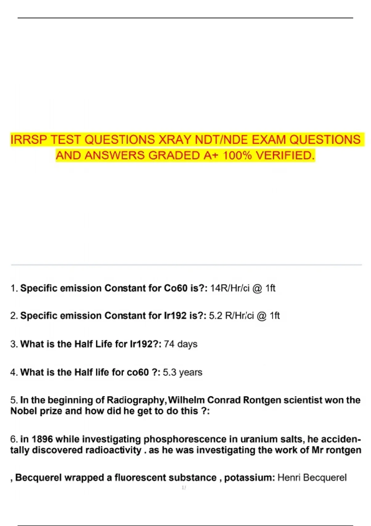 IRRSP TEST QUESTIONS XRAY NDT/NDE EXAM QUESTIONS AND ANSWERS GRADED A+ ...