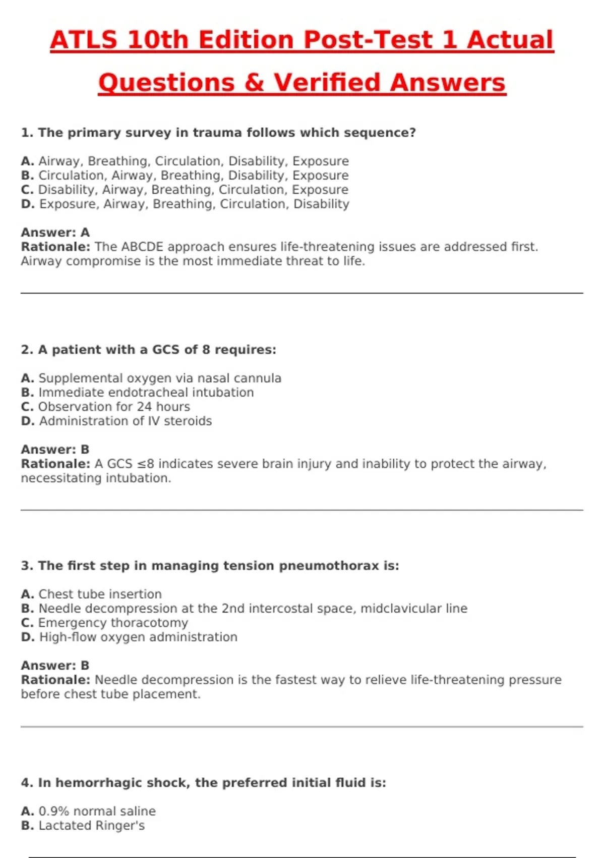 ATLS 10th Edition Post Test 1 Latest 2025 Actual Questions and Verified ...