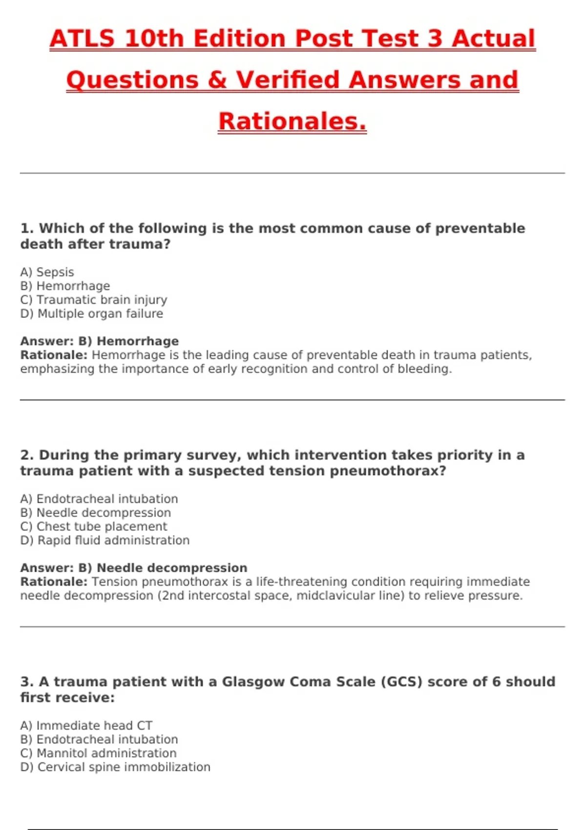 ATLS 10th Edition Post Test 3 Latest 2025 Actual Questions and Verified ...