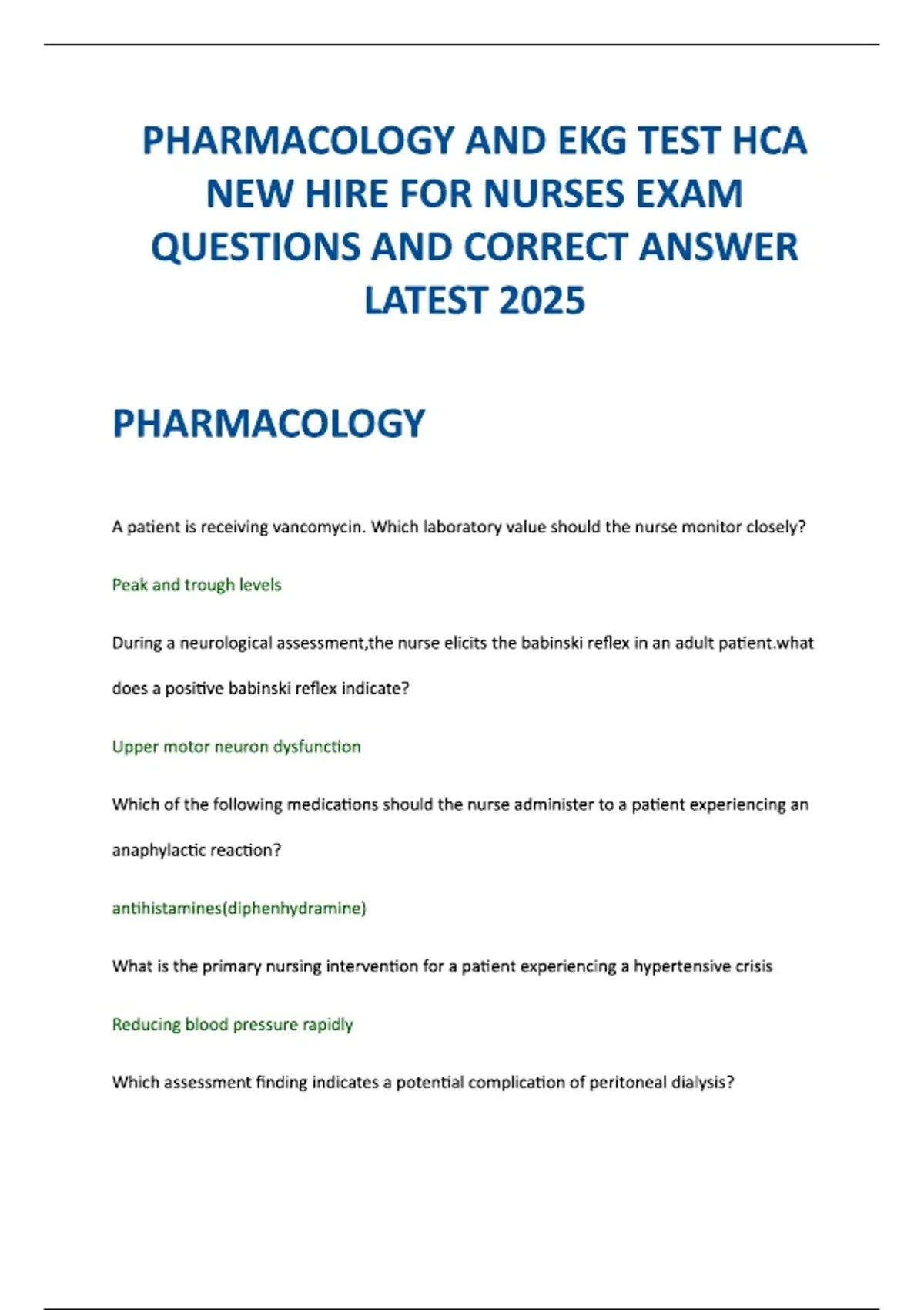 PHARMACOLOGY AND EKG TEST HCA NEW HIRE FOR NURSES EXAM QUESTIONS AND ...