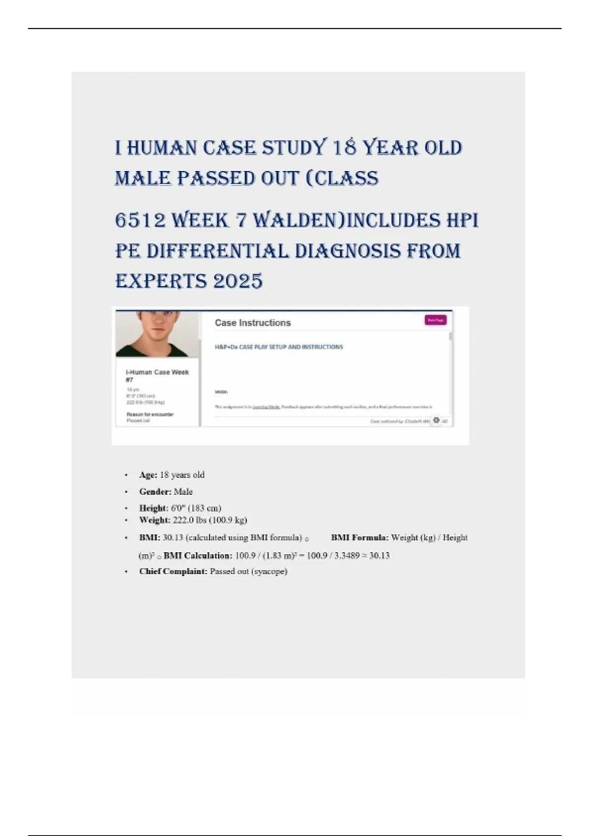 I Human Case Study 18 Year Old Male Passed Out (Class 6512 Week 7 ...