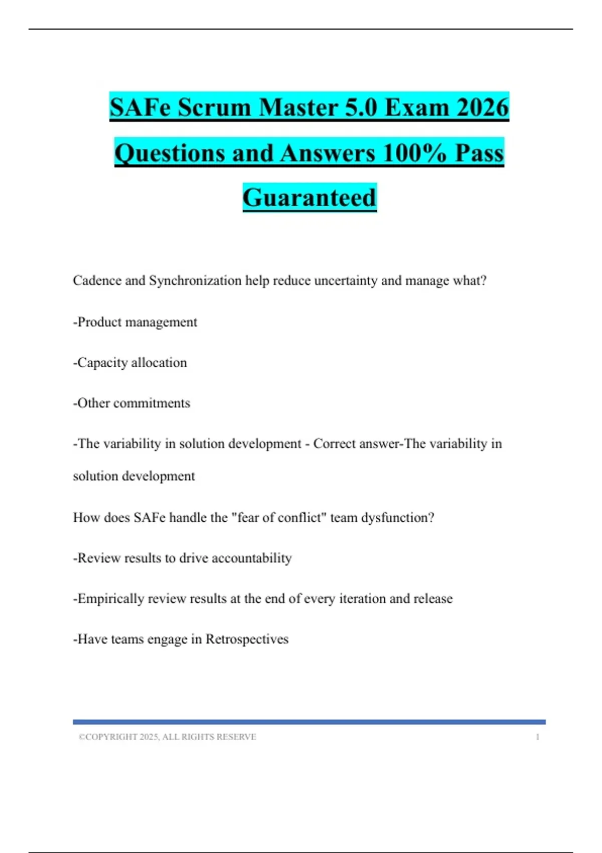SAFe Scrum Master 5.0 Exam 2026 Questions and Answers 100% Pass ...