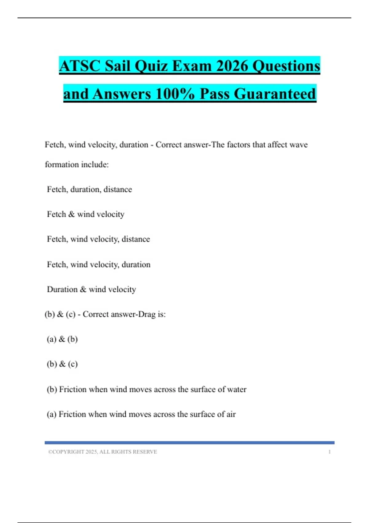 ATSC Sail Quiz Exam 2026 Questions and Answers 100% Pass Guaranteed ...