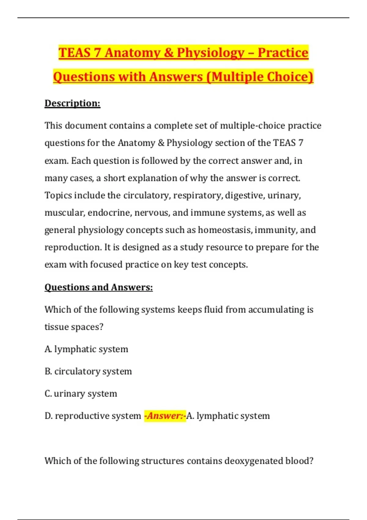 TEAS 7 Anatomy & Physiology – Practice Questions with Answers (Multiple ...