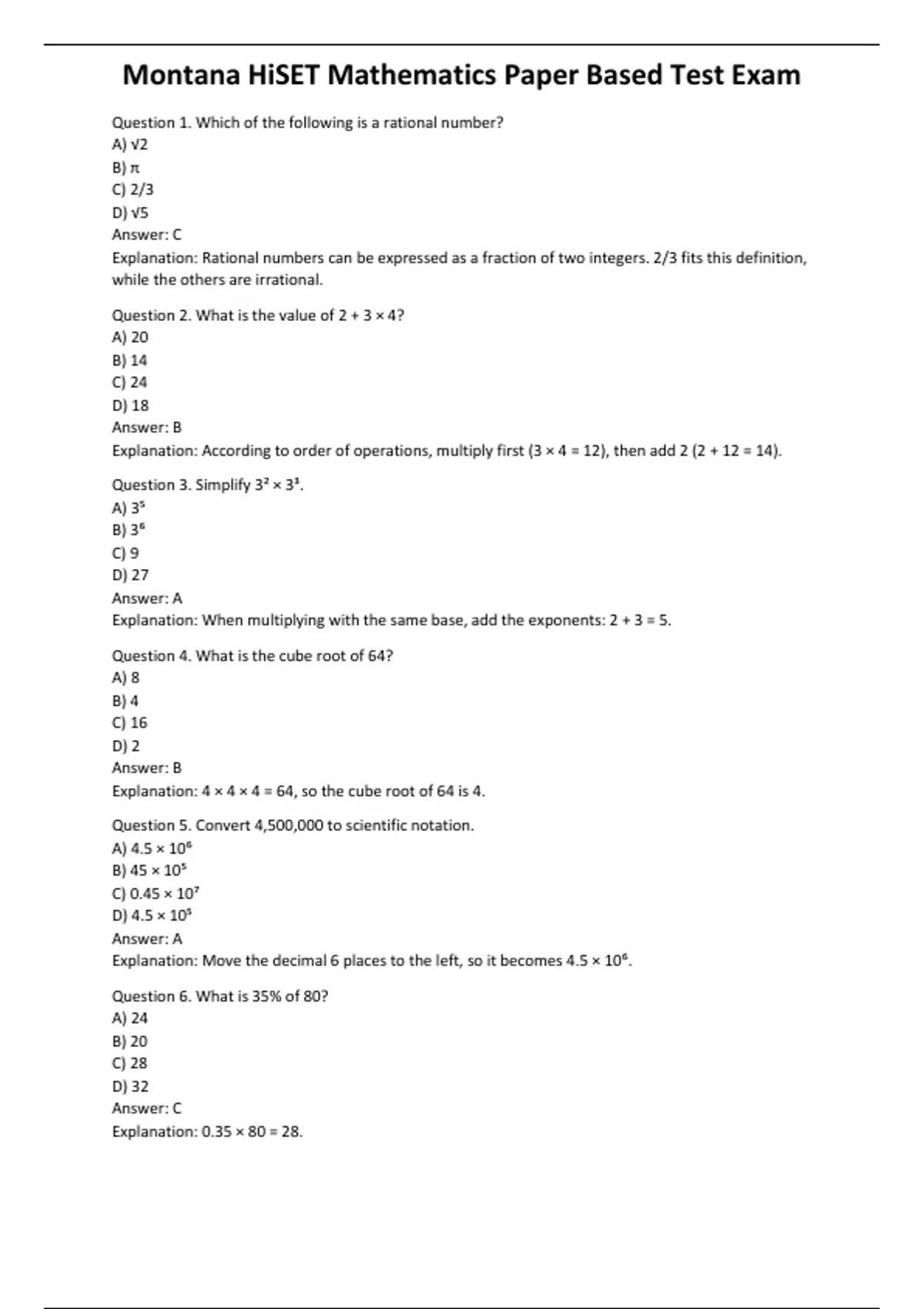 Montana HiSET Mathematics Paper Based Test Exam - Computers - Stuvia US