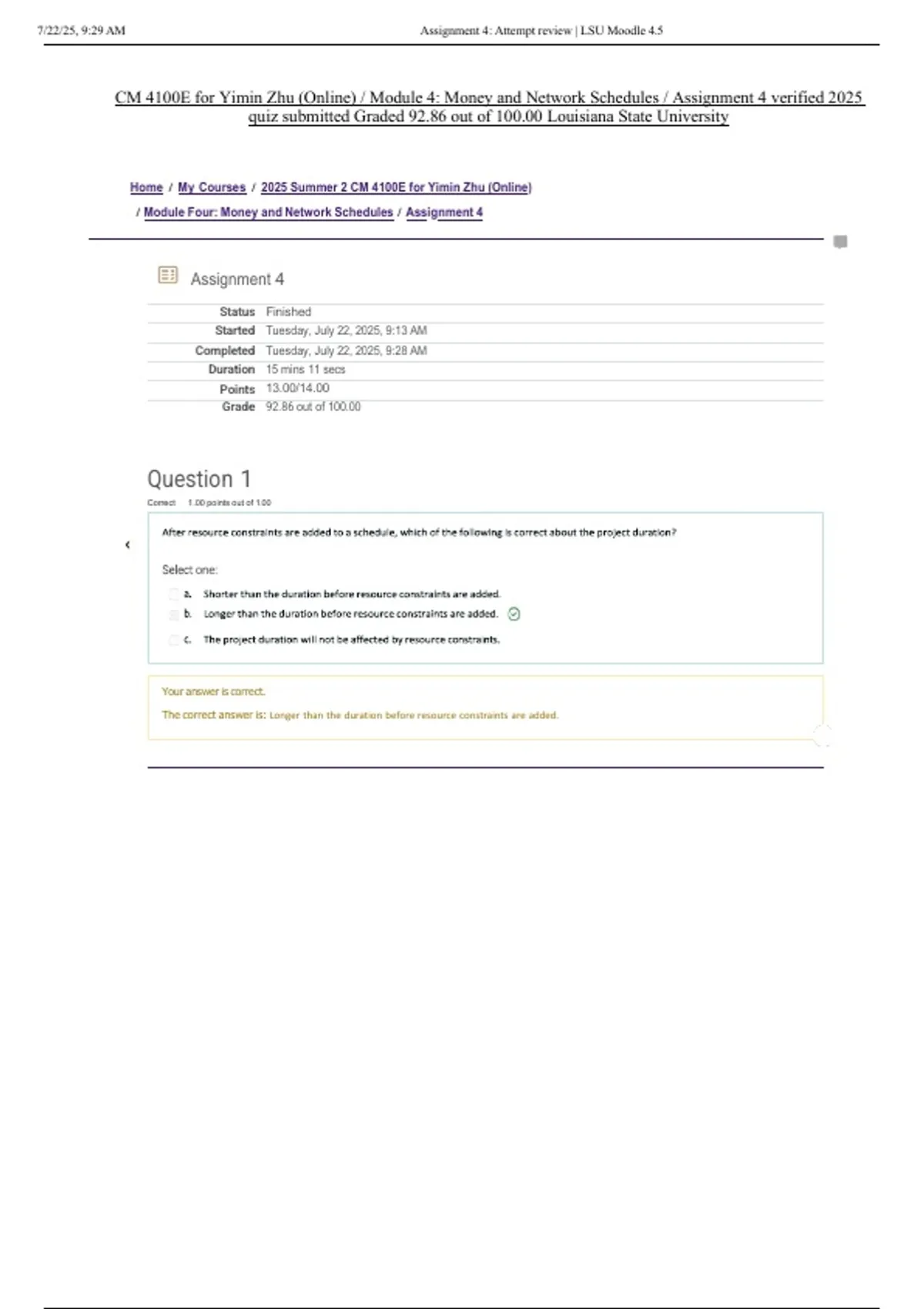 CM 4100E for Yimin Zhu (Online) / Module 4: Money and Network Schedules ...